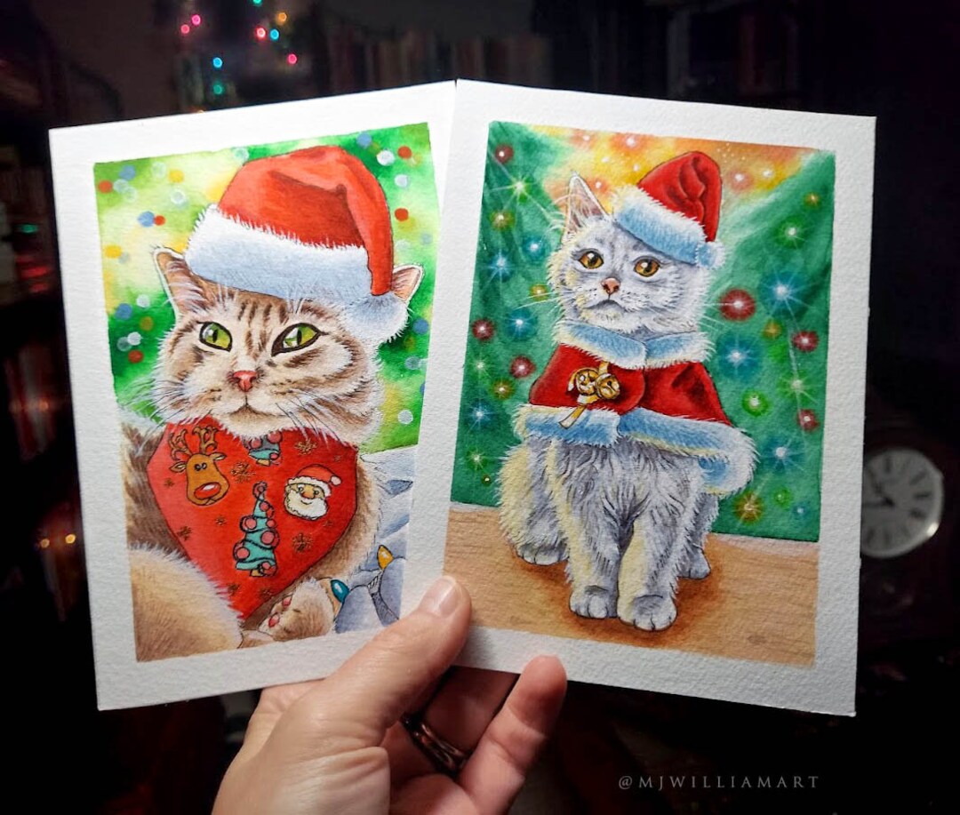 Jungle Meows & Let It Meow - TWO Original Watercolor Paintings, Festive ...