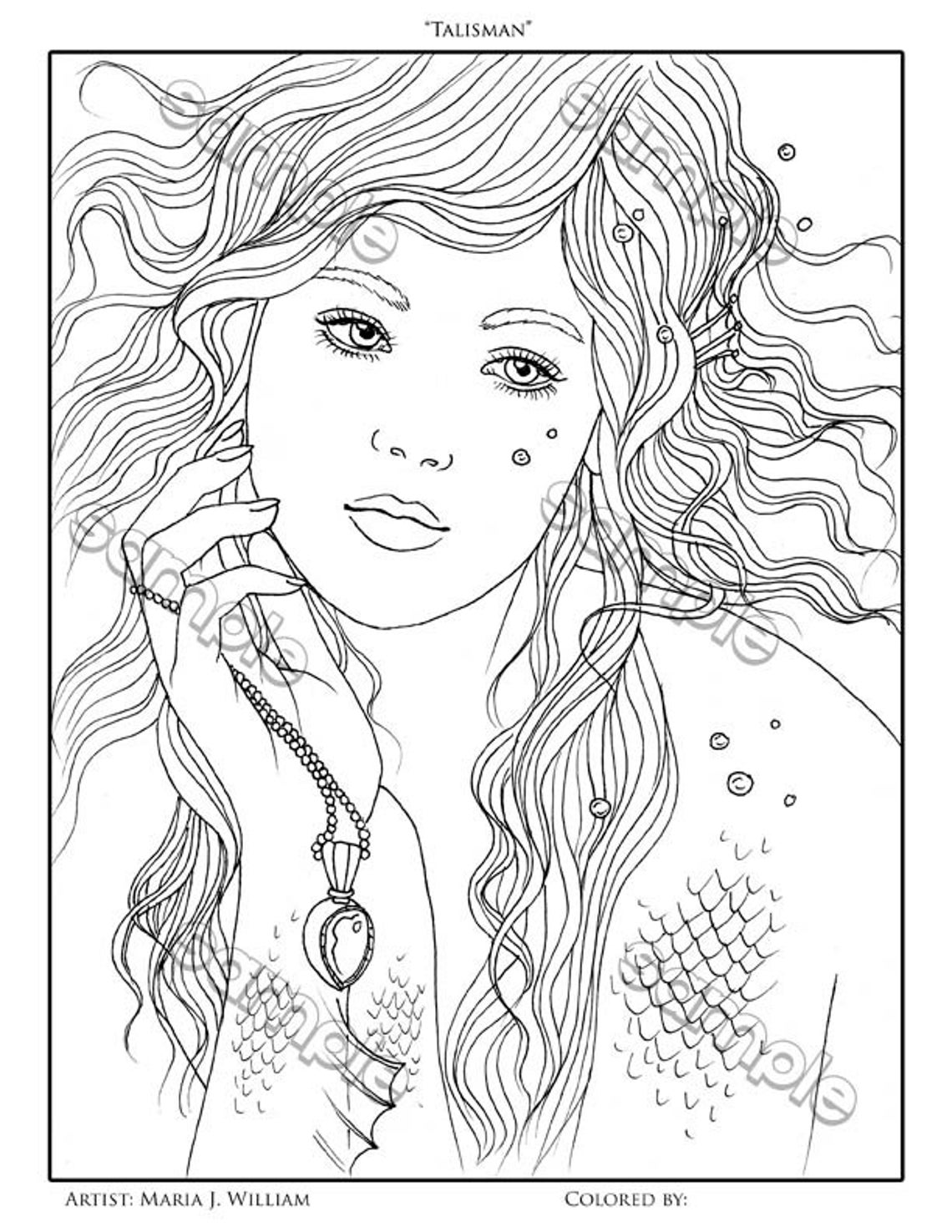 Mermaid Fantasy Portrait Coloring Page by Maria J. William, Instant PDF ...