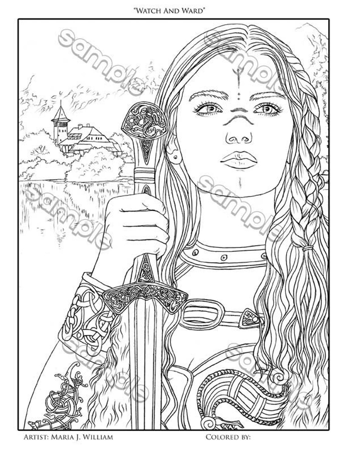 Viking Woman With Sword Fantasy Portrait Coloring Page by - Etsy
