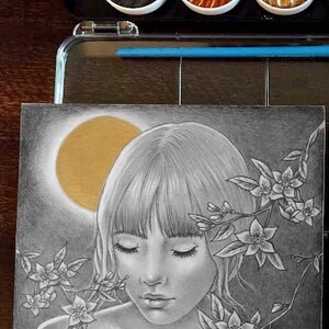 Overture Beautiful Woman Portrait With Moon and Blossoms Original ...