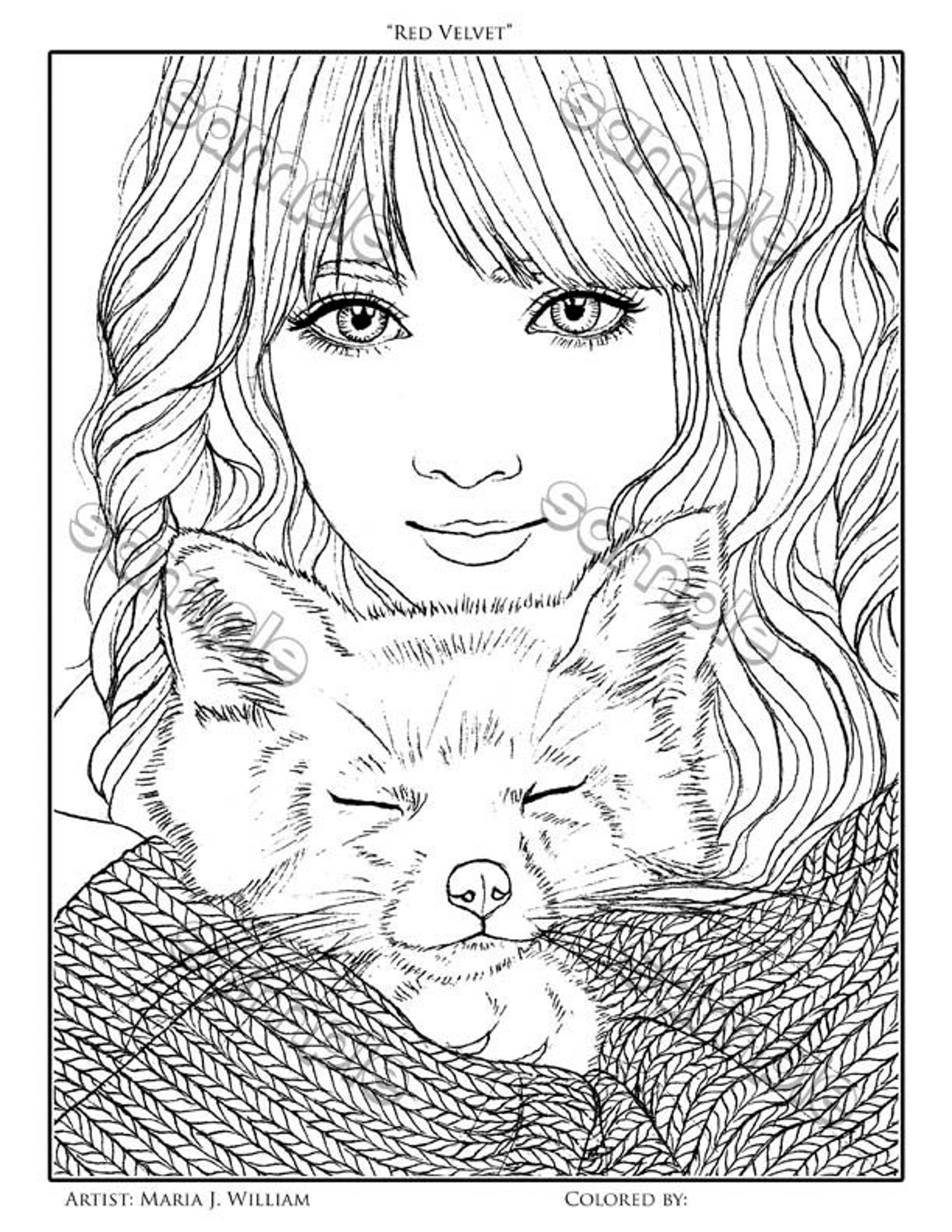 Cute Girl & Fox Coloring Page by Maria J. William, Instant PDF Download ...