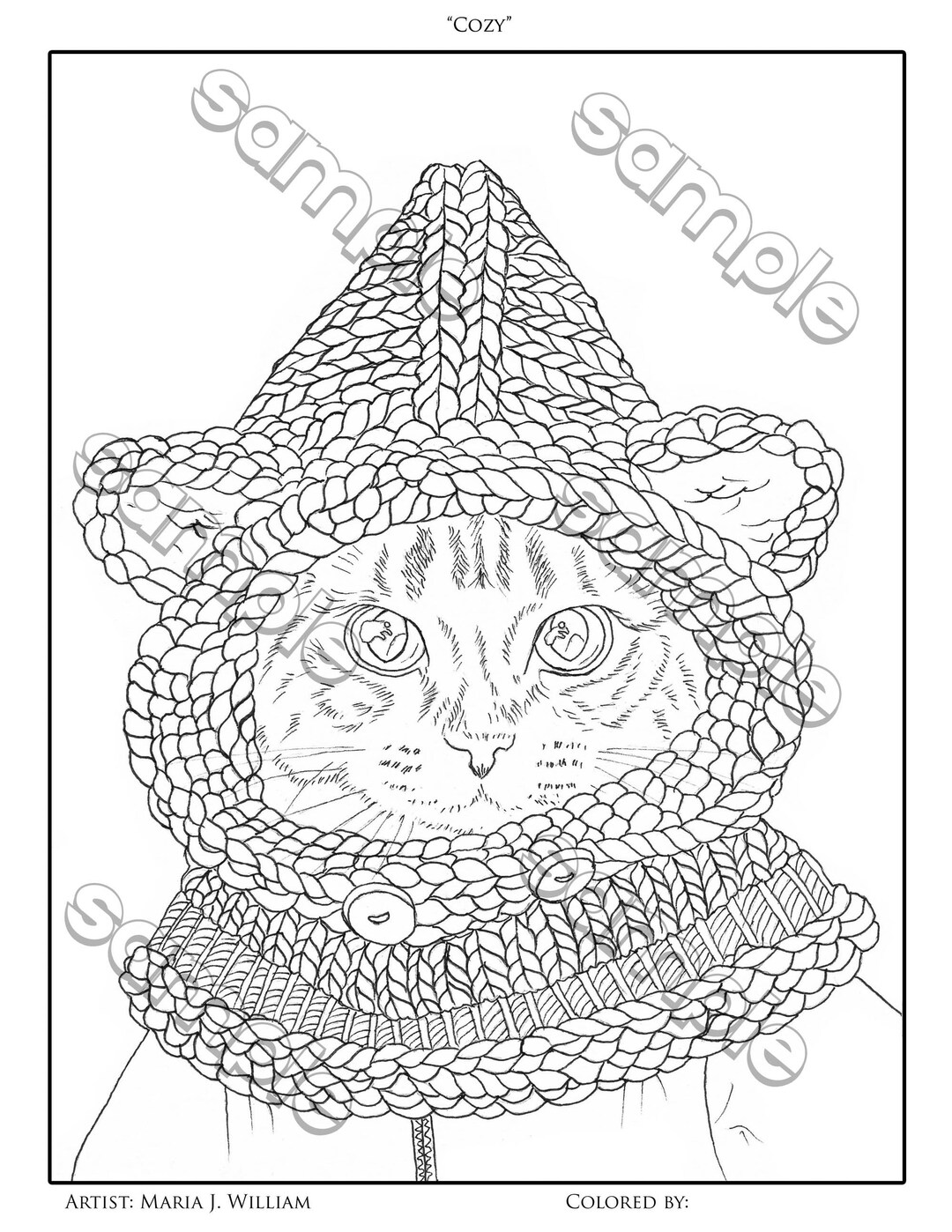 Cute Cat in a Winter Hat Coloring Page by Maria J. William, Instant PDF ...