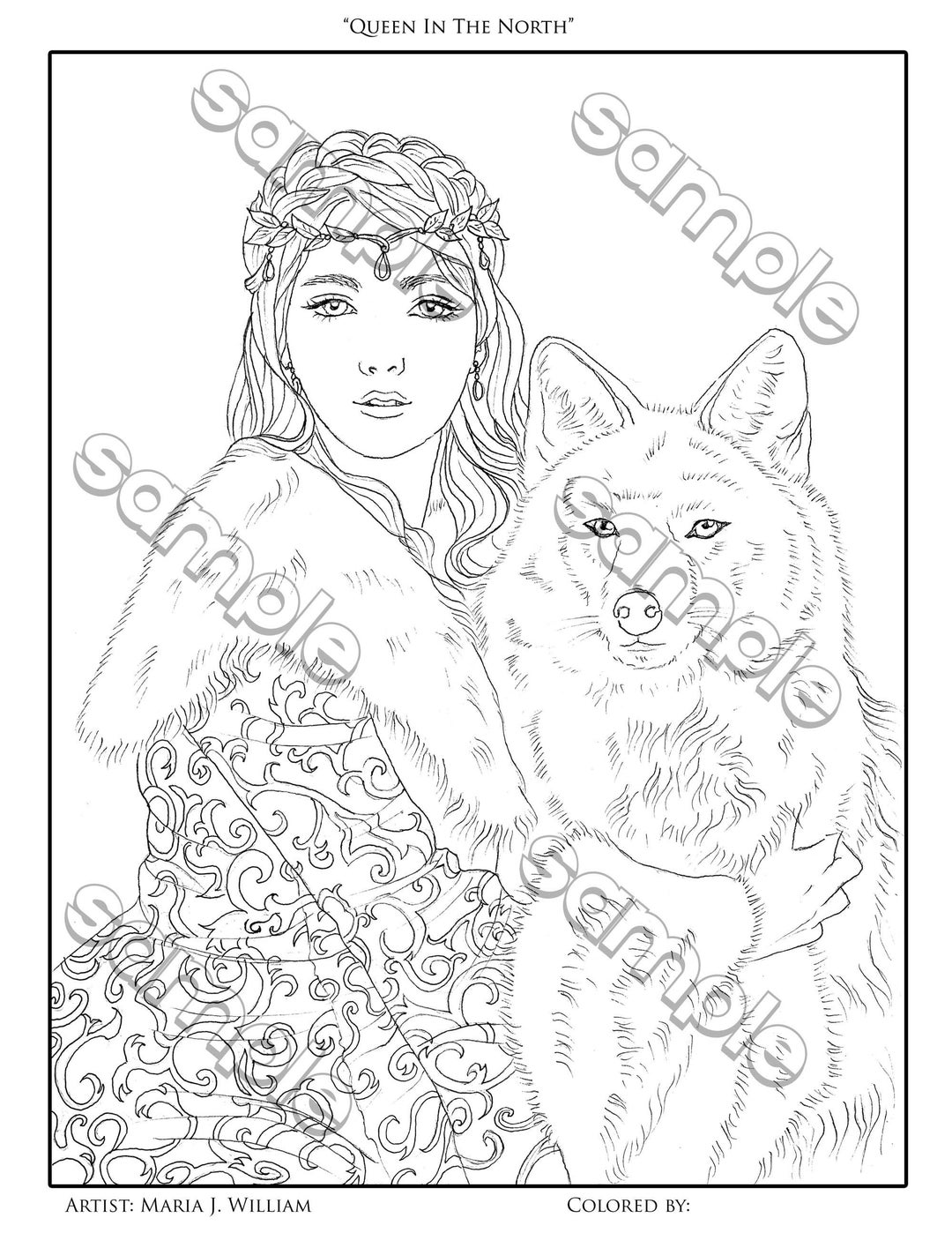Beautiful Woman & Wolf Winter Portrait Fantasy Coloring Page by Maria J ...
