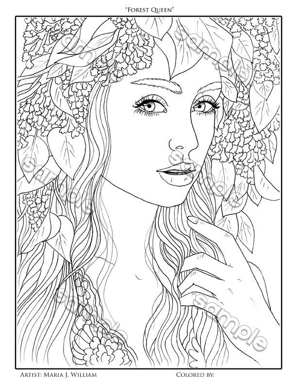 Forest Queen Fantasy Portrait Coloring Page by Maria J. William ...