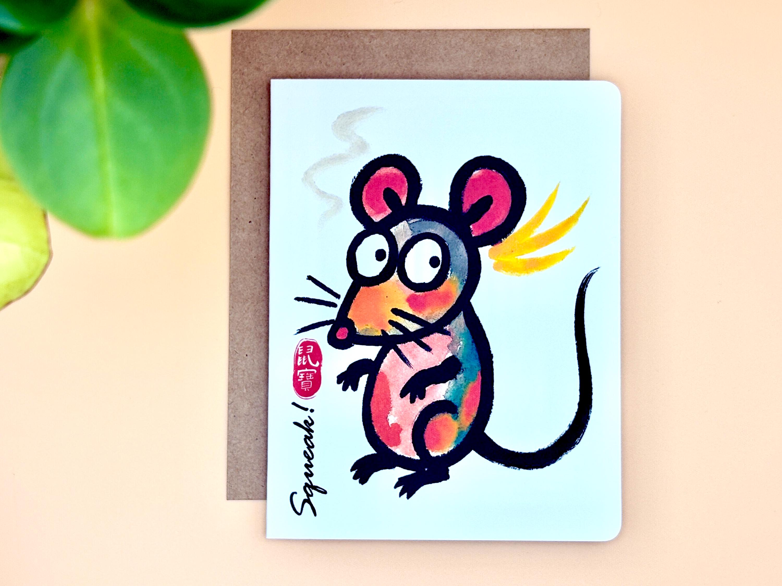 Rat Greeting Card – Funny Zodiac Rat Card, Cute Watercolor Chinese ...