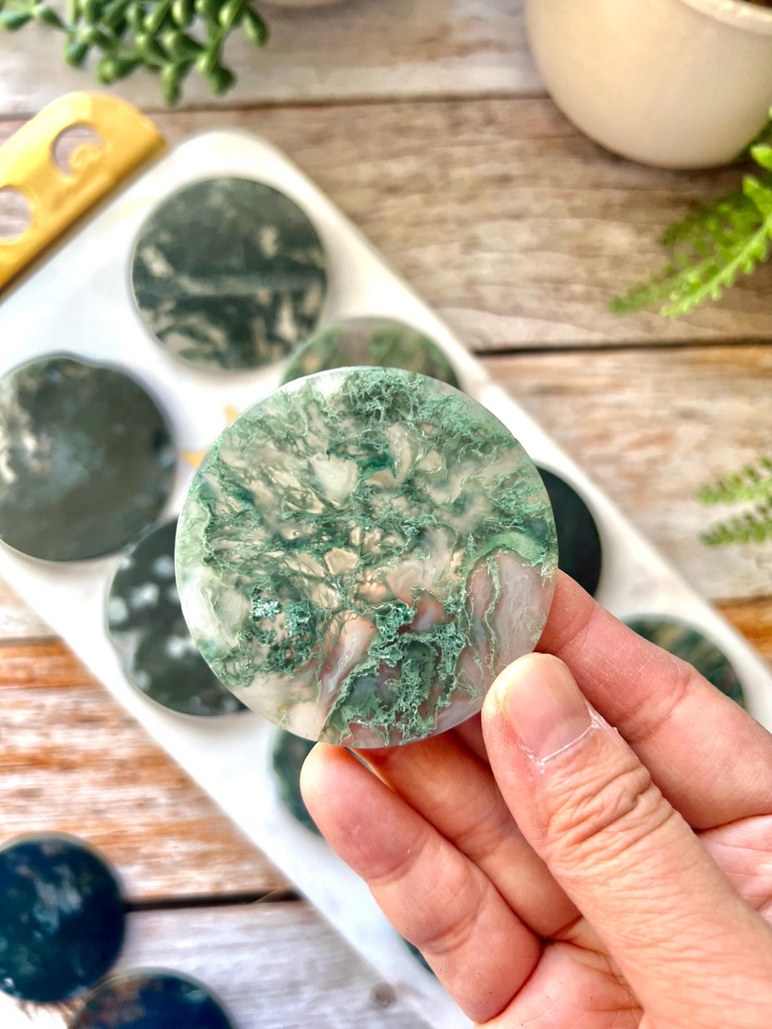 Unique Moss Agate Flat Diskplate |palm Stone|gemstone Carving Round ...