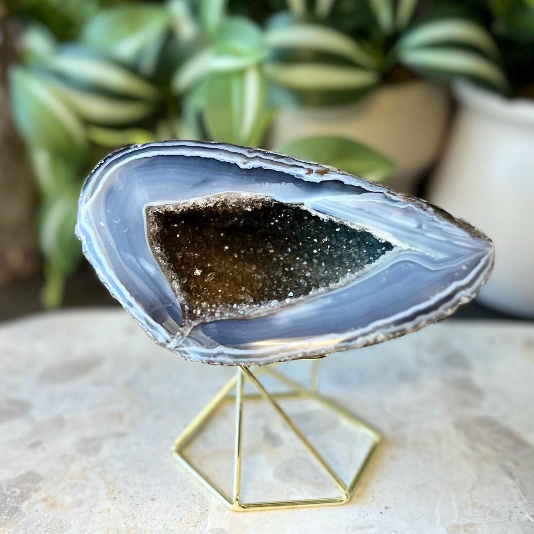 Unique Smile Face, Amethyst Cave Geode – Blue Banded Agate Edges – Mini ...