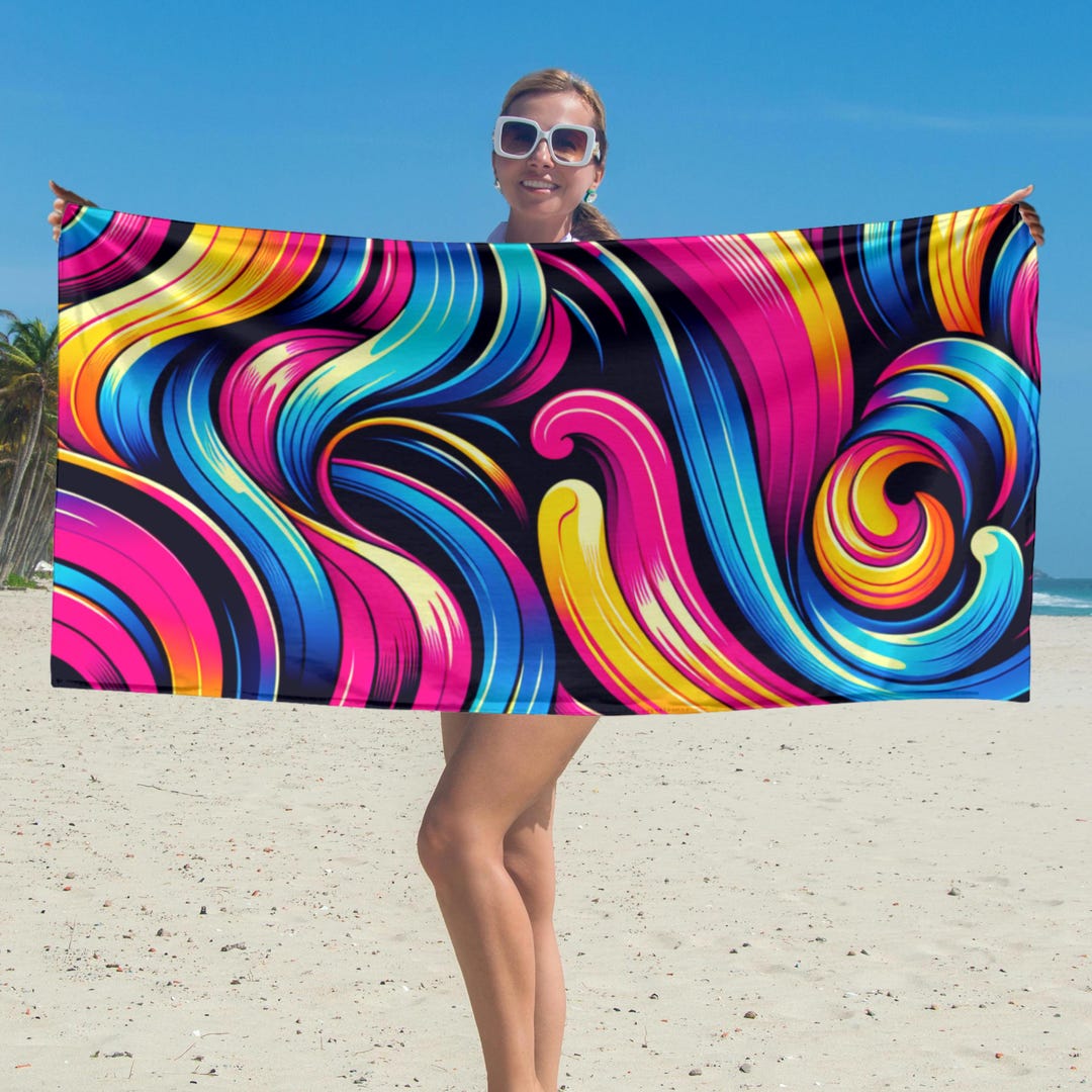 Neon Wave Beach Towel - Electric Energy, Vibrant Swirls, Retro ...