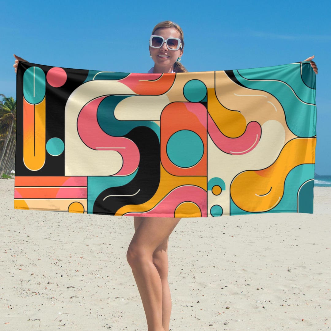 Retro Groove Pop Beach Towel - Bold & Playful Energy, Vintage 70s 80s ...