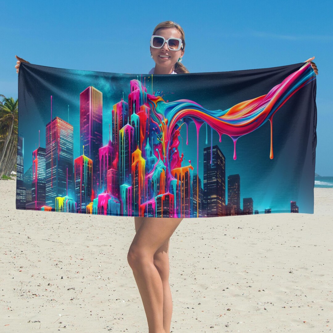Neon Metropolis Drip Beach Towel - Futuristic Cityscape in Motion ...