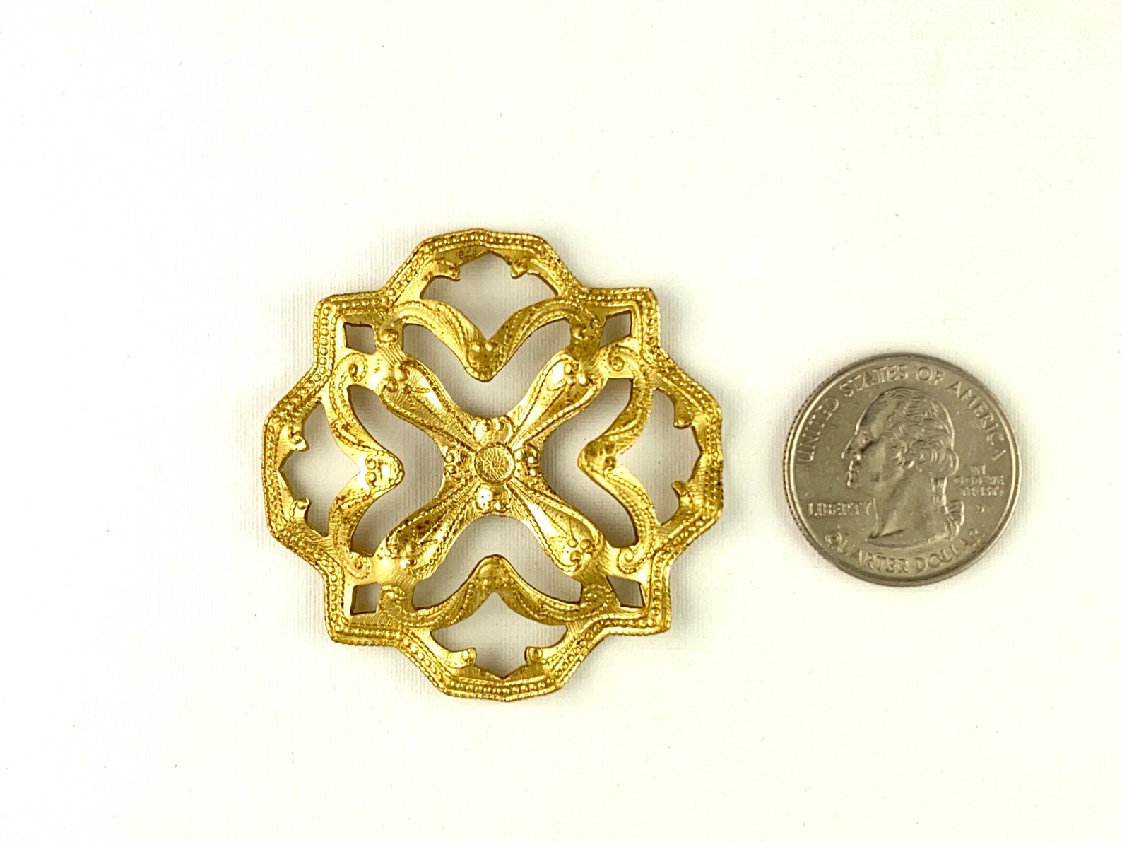 Large Gold FILIGREE Domed Jewelry Pendant. Gorgeous Raw Brass Stamping ...