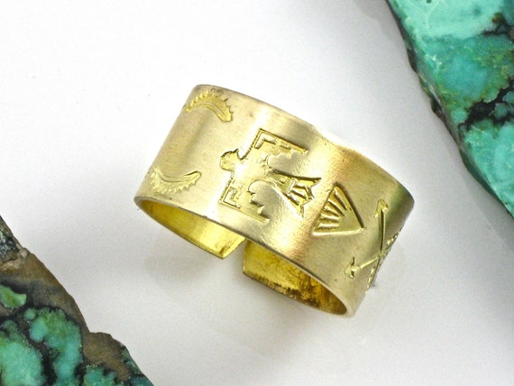 2 gold Native American design RINGS in raw brass adjustable. | Etsy