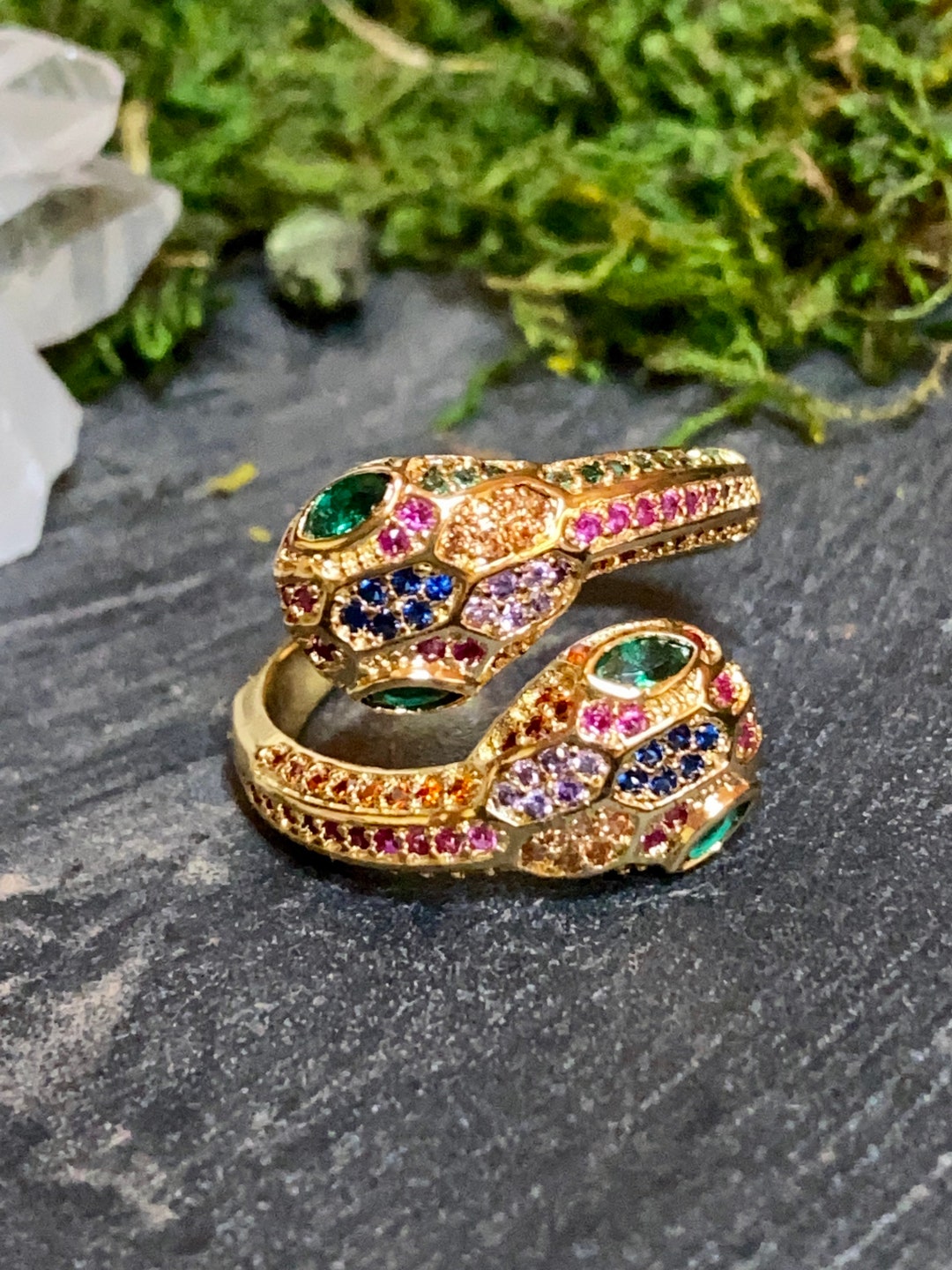 Gold Snake Ring With Colorful Rhinestone Design. Adjustable Band for US ...