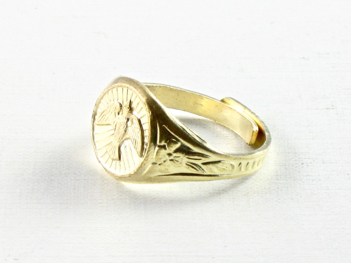 2 Signet RING With Dove Bird in Raw Brass Adjustable. - Etsy