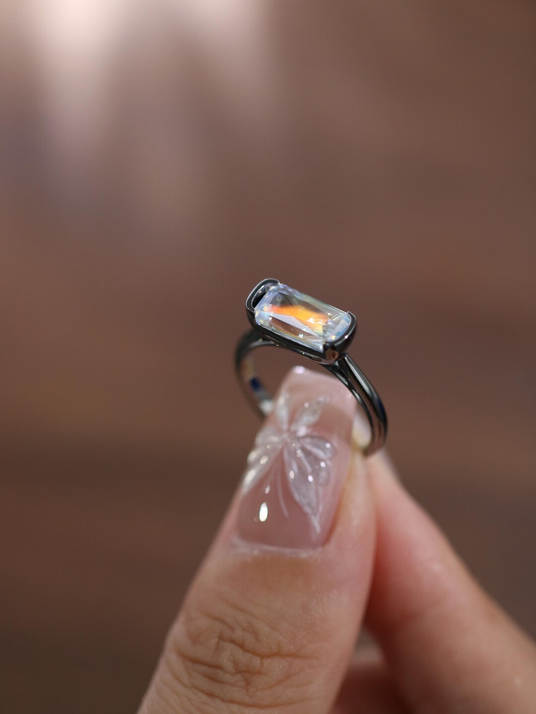 Aurora Rainbow Moonstone Engagement Ring，electro Black Plated Band ...