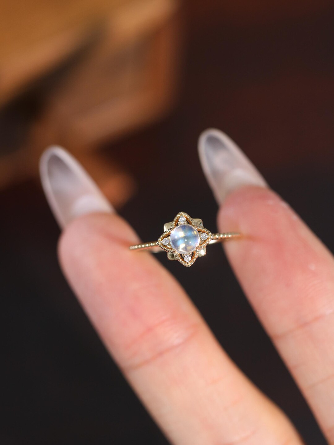 Polar Star Natural Rainbow Moonstone Ring Crescent Moon Engagement Ring ...