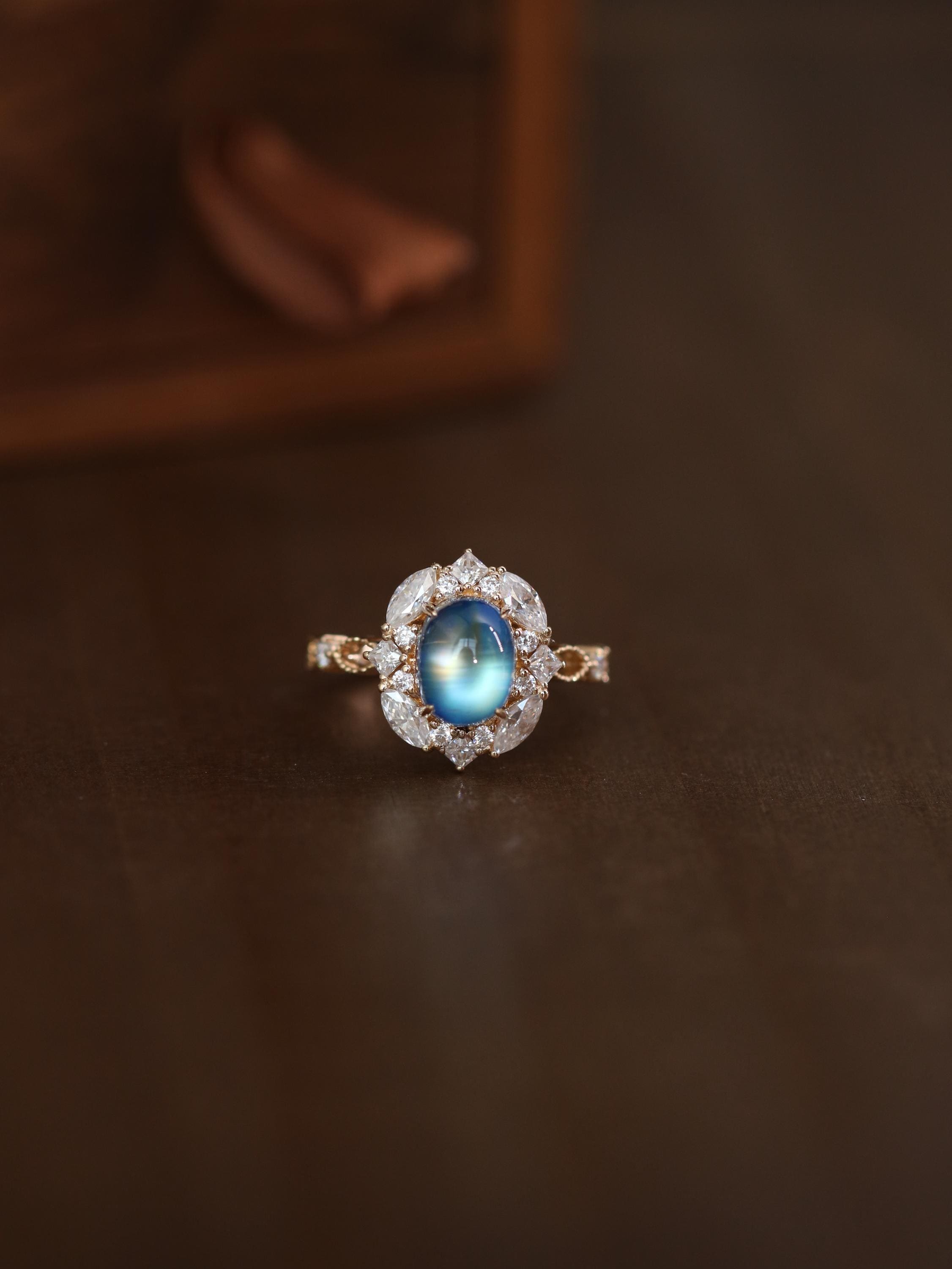 Victorian Vintage Natural Rainbow Moonstone Ring,10k 14K 18K Solid Gold ...