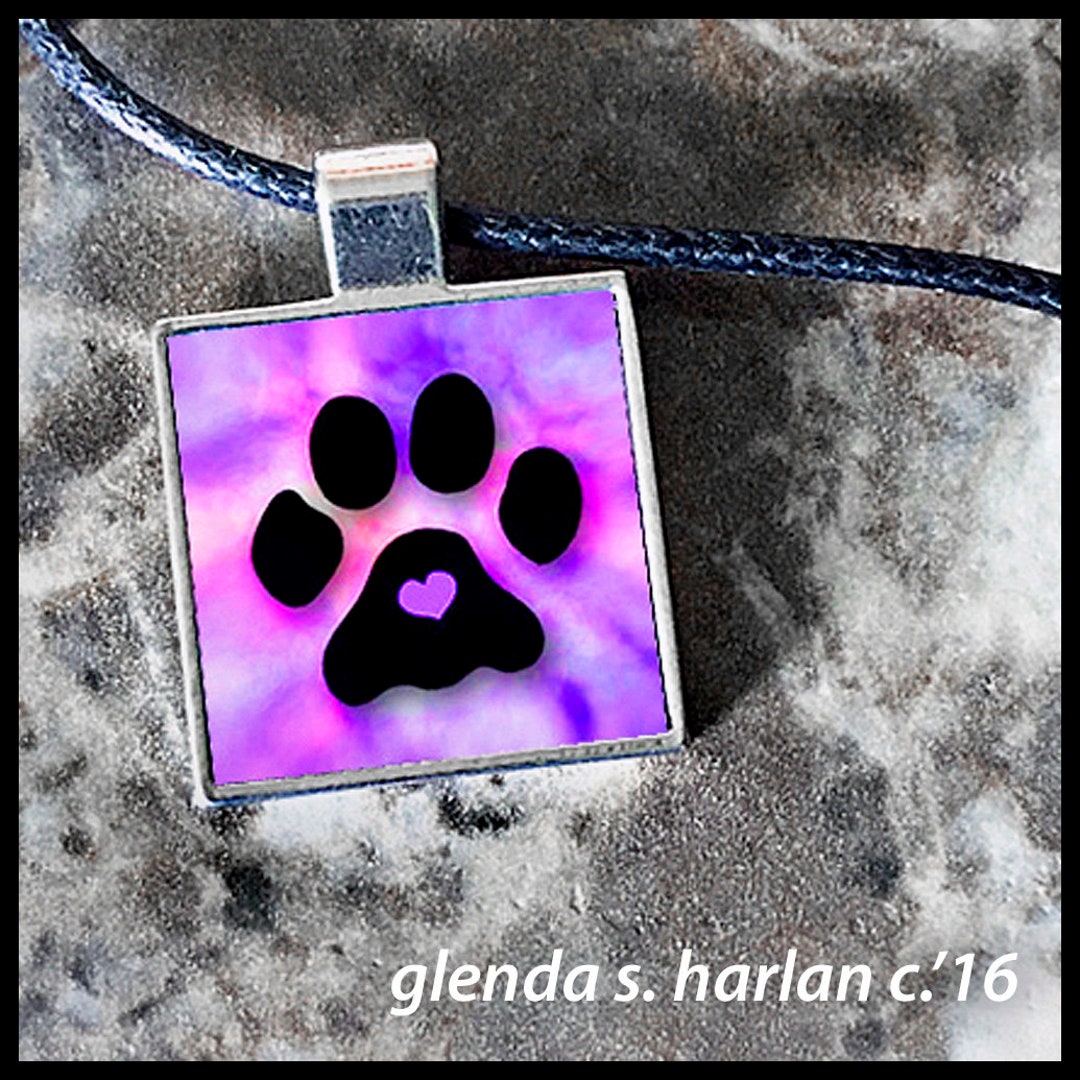 Dog Paw Print With Purple Heart in a Square Pendant, Black Adjustable ...