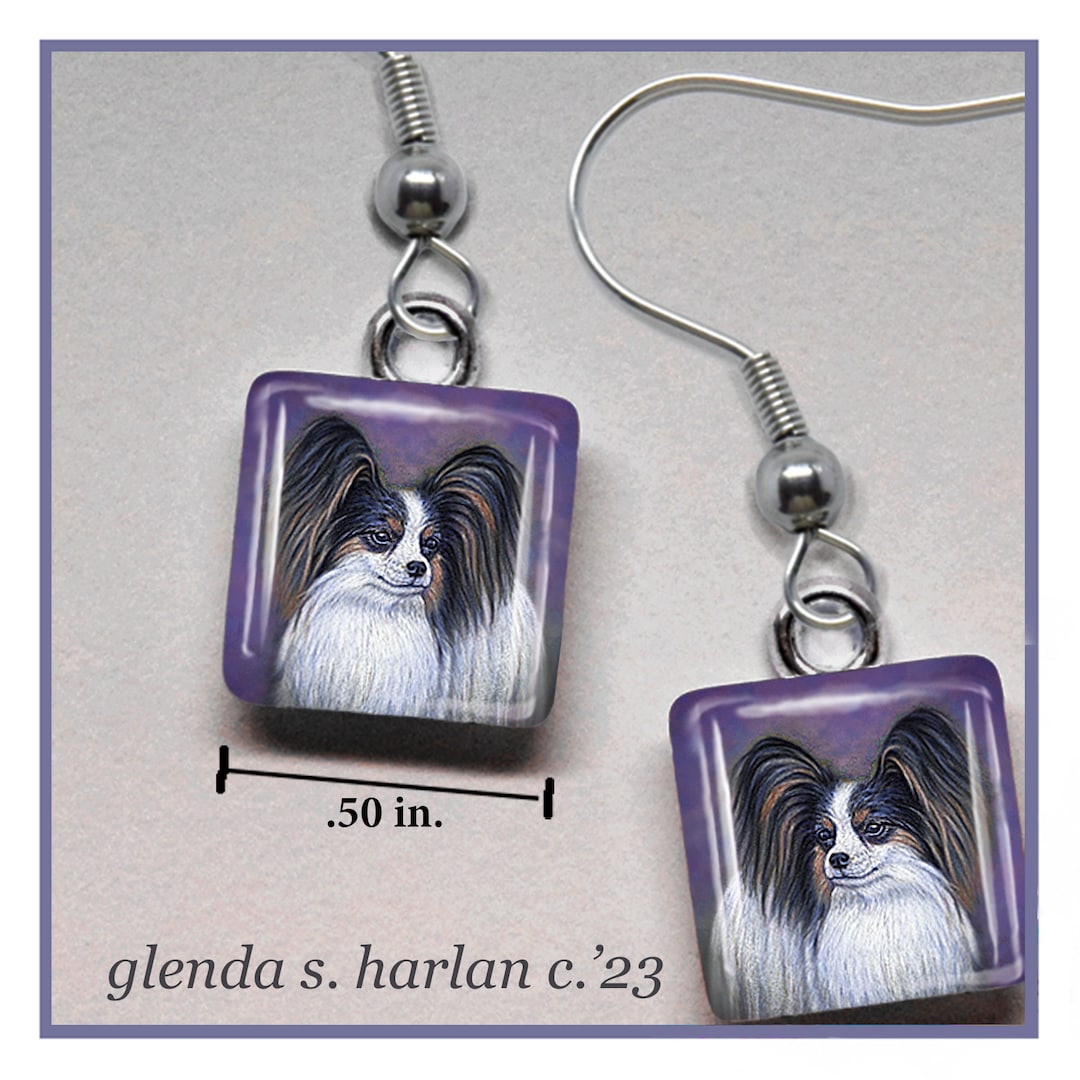 Tri Papillon Drawing on Glass Earrings Fine Art Drawing Dog Lover Gift ...