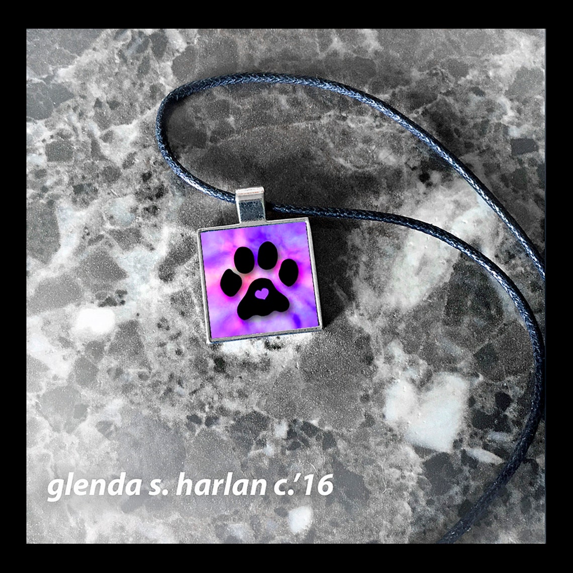 Dog Paw With Purple Heart in a Silver Square Pendant, Black Adjustable ...