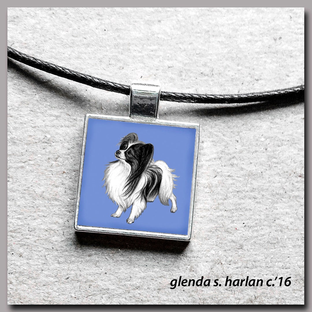 Papillon Dog Pendant With Blue in Square Bezel, Black Adjustable Cord ...