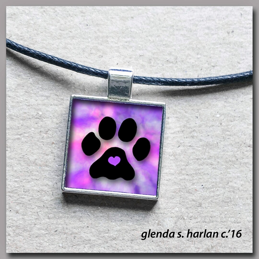 Dog Paw With Purple Heart in a Silver Square Pendant, Black Adjustable ...