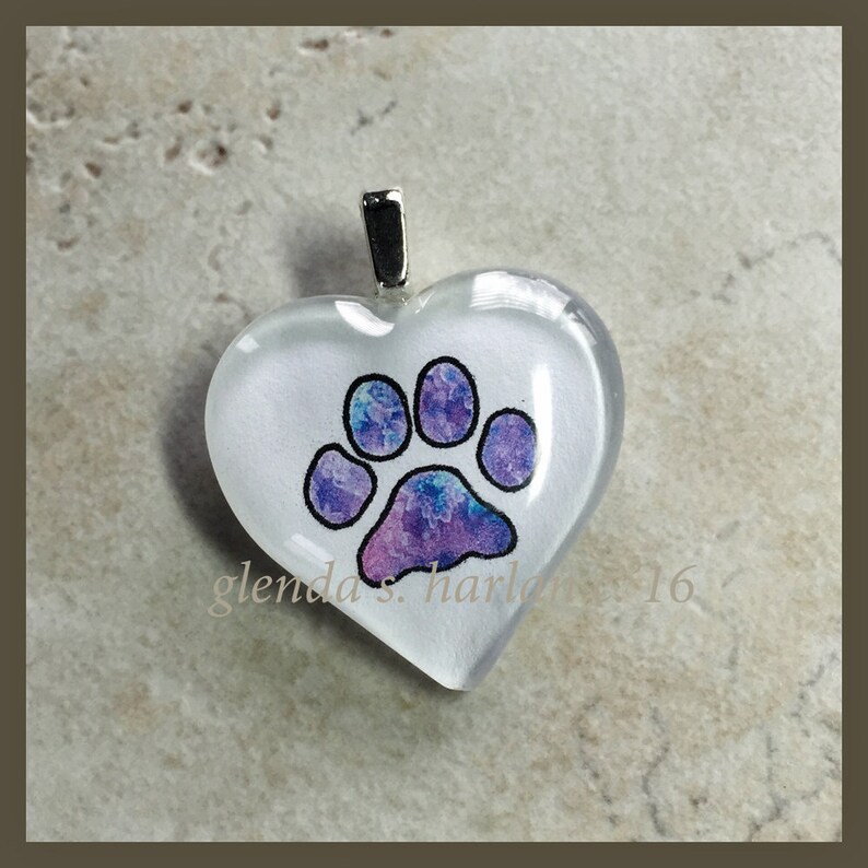 Glass Heart With Blue Violet Paw and Adjustable Cord - Etsy