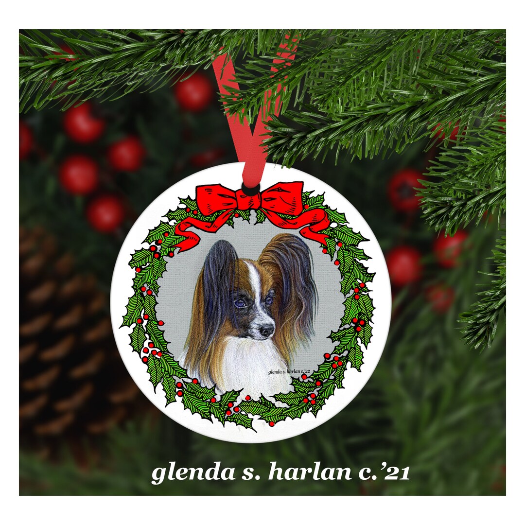 Papillon Tri Dog Christmas Ornament - Four Wreath Designs ...