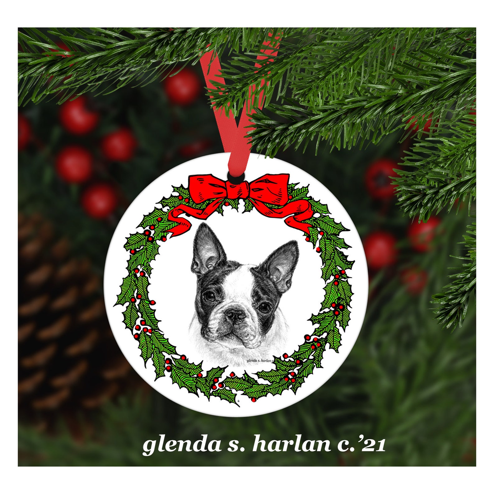 Boston Terrier Dog Christmas Ornament Four Wreath Designs | Etsy