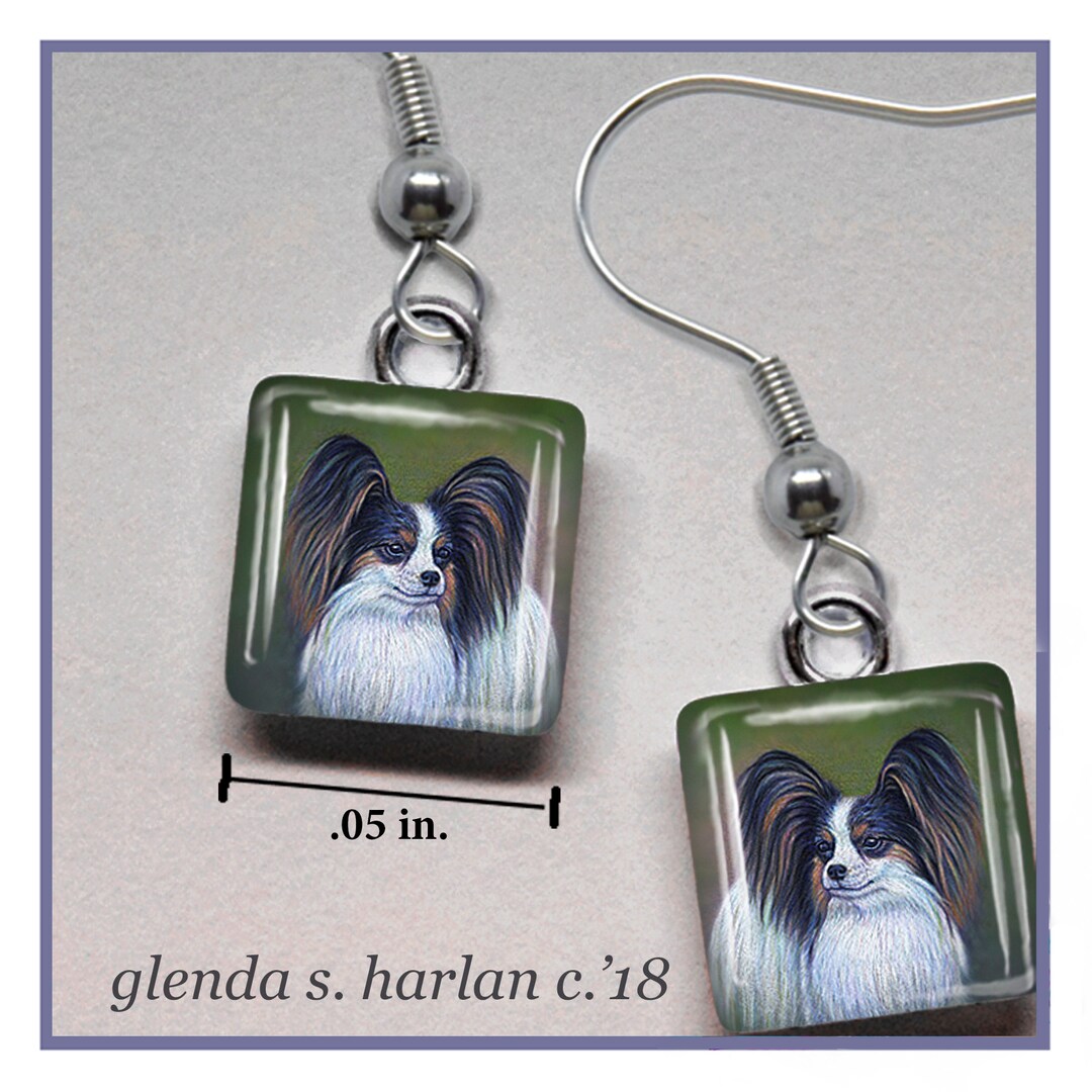 Tri Colored Papillon Dog Glass Earrings Fine Art Drawing Dog Lover Gift ...