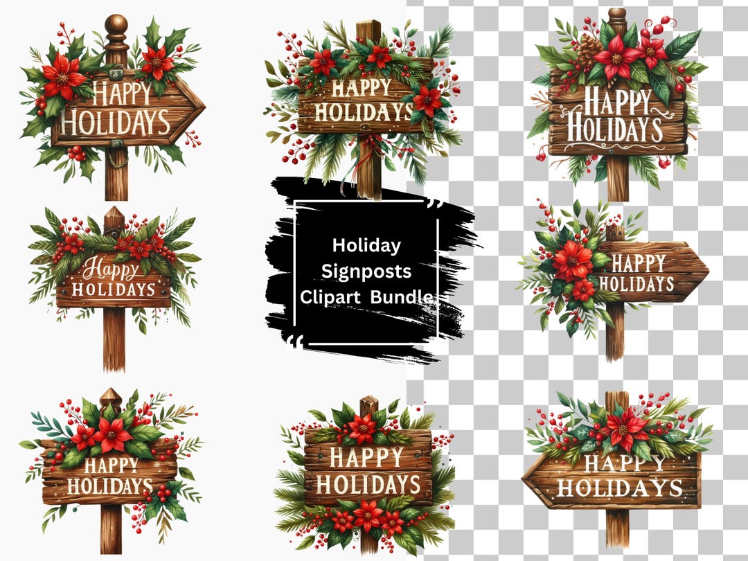 32 Rustic Signpost Clipart Happy Holidays, 5x5 Inches, PNG, Transparent ...