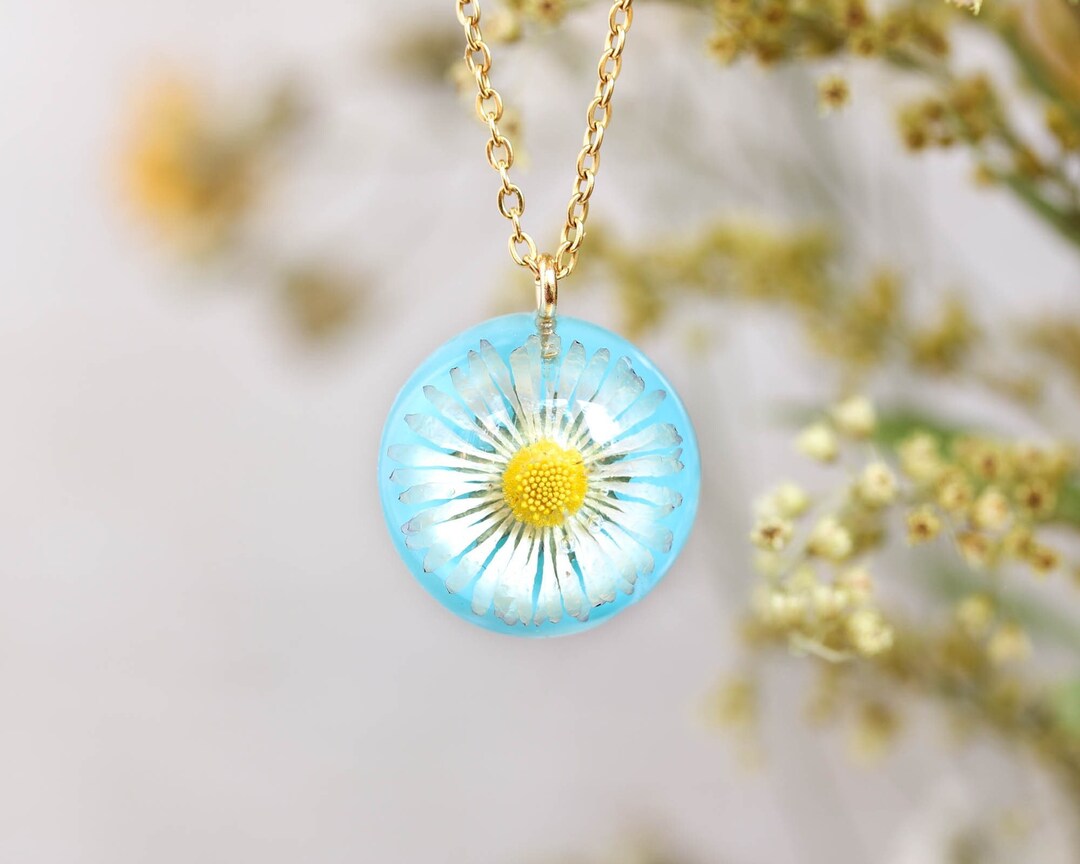 Dainty Daisy Necklace, Dried Flower Necklace, Sky Blue Necklace, Pastel ...