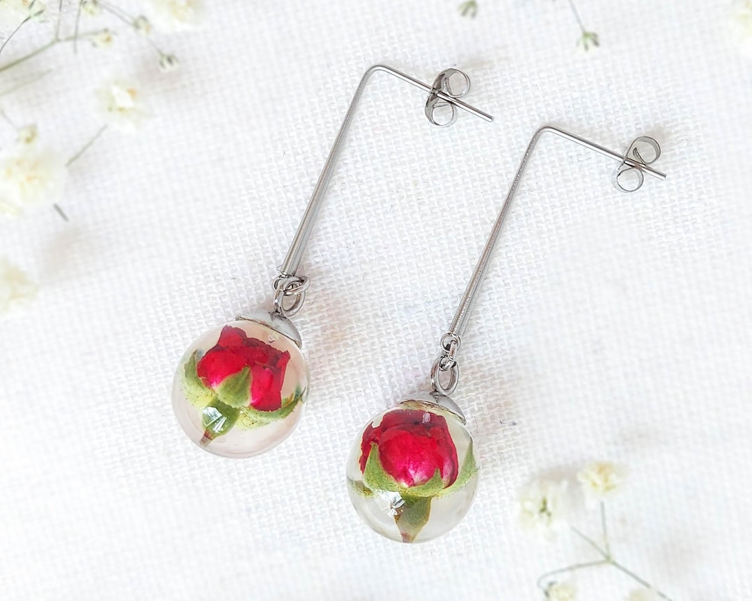 Real Red Rose Dangle Earrings, Floral Resin Jewelry, June Birthday Gift ...