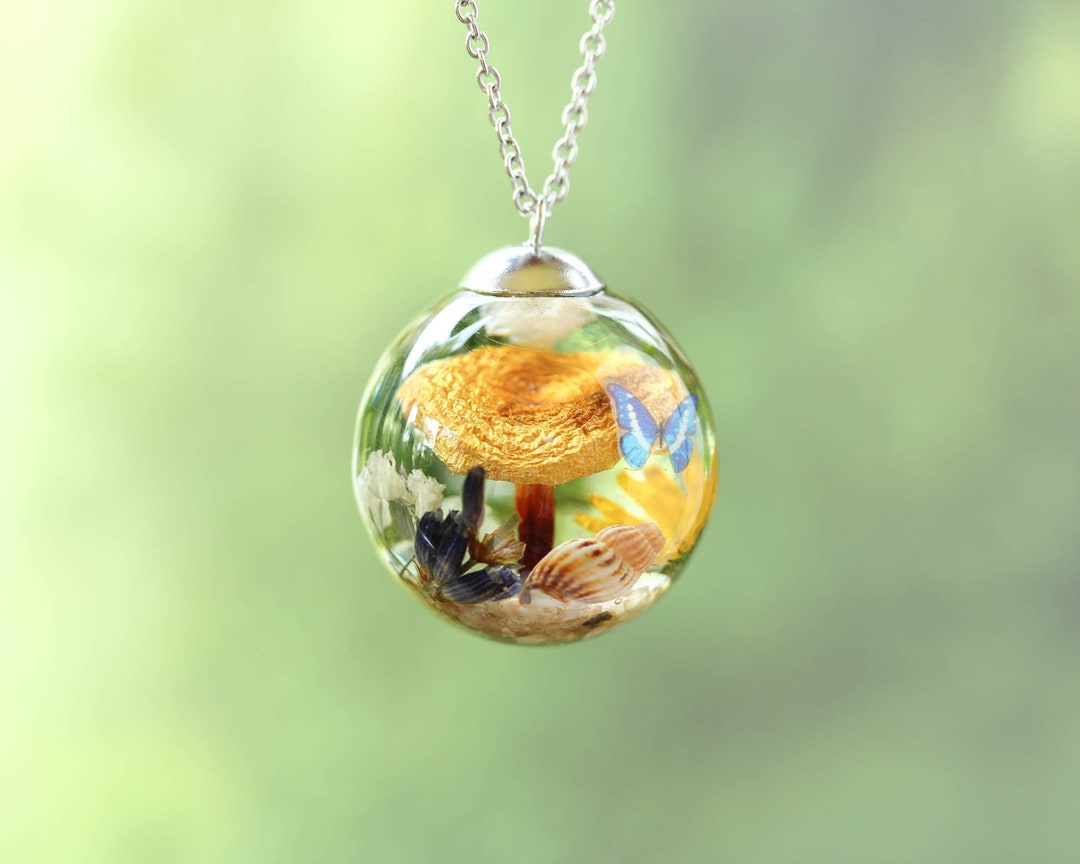 Terrarium Garden Necklace, Real Mushroom and Flower Pendant in ...