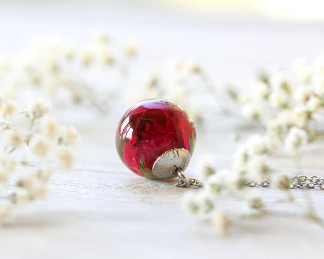Real Red Rose Resin Necklace, Tiny Flower Keepsake - Etsy