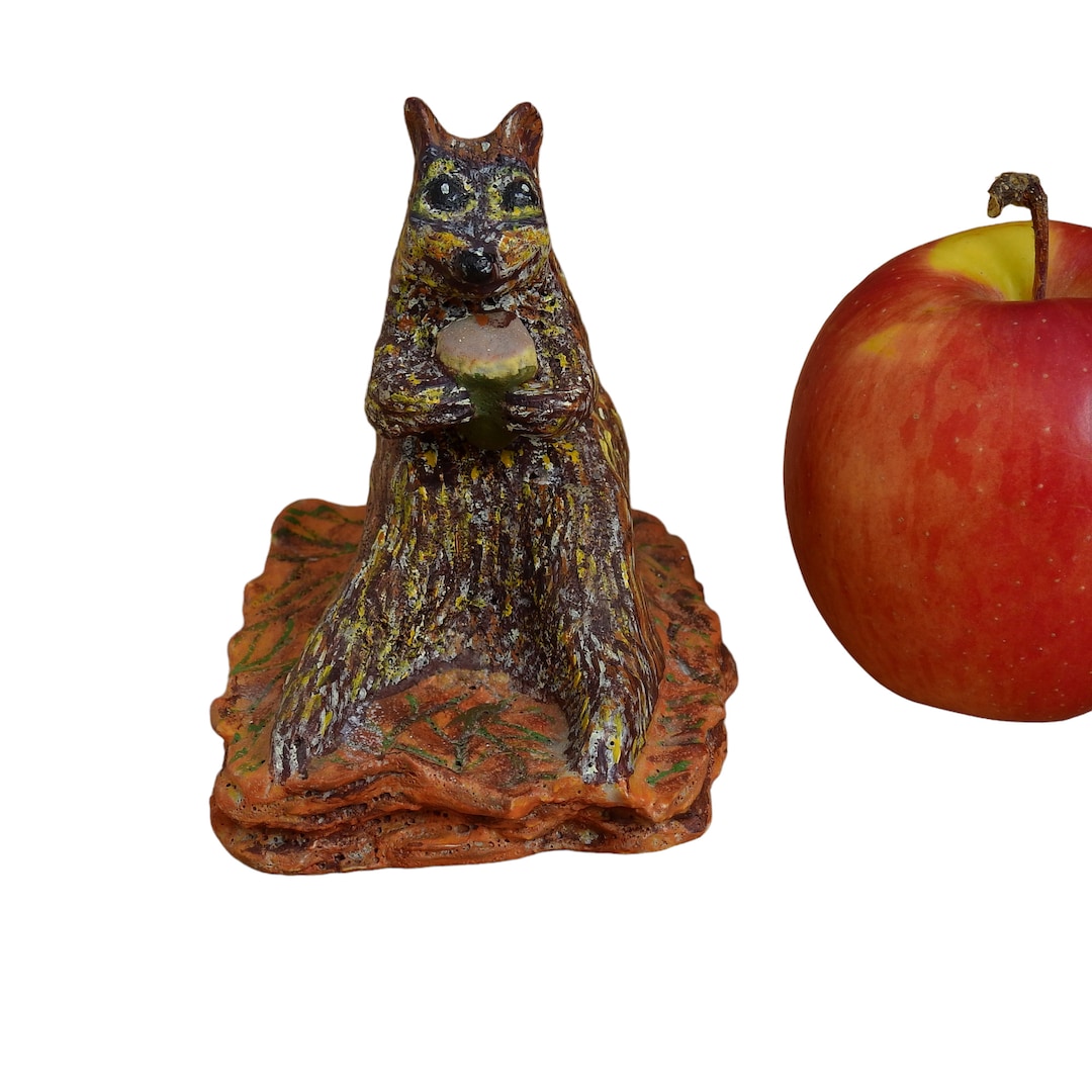 Chipmunk Sculpture - Chipmunk With Acorn - on Autumn Leaves - Ceramic ...