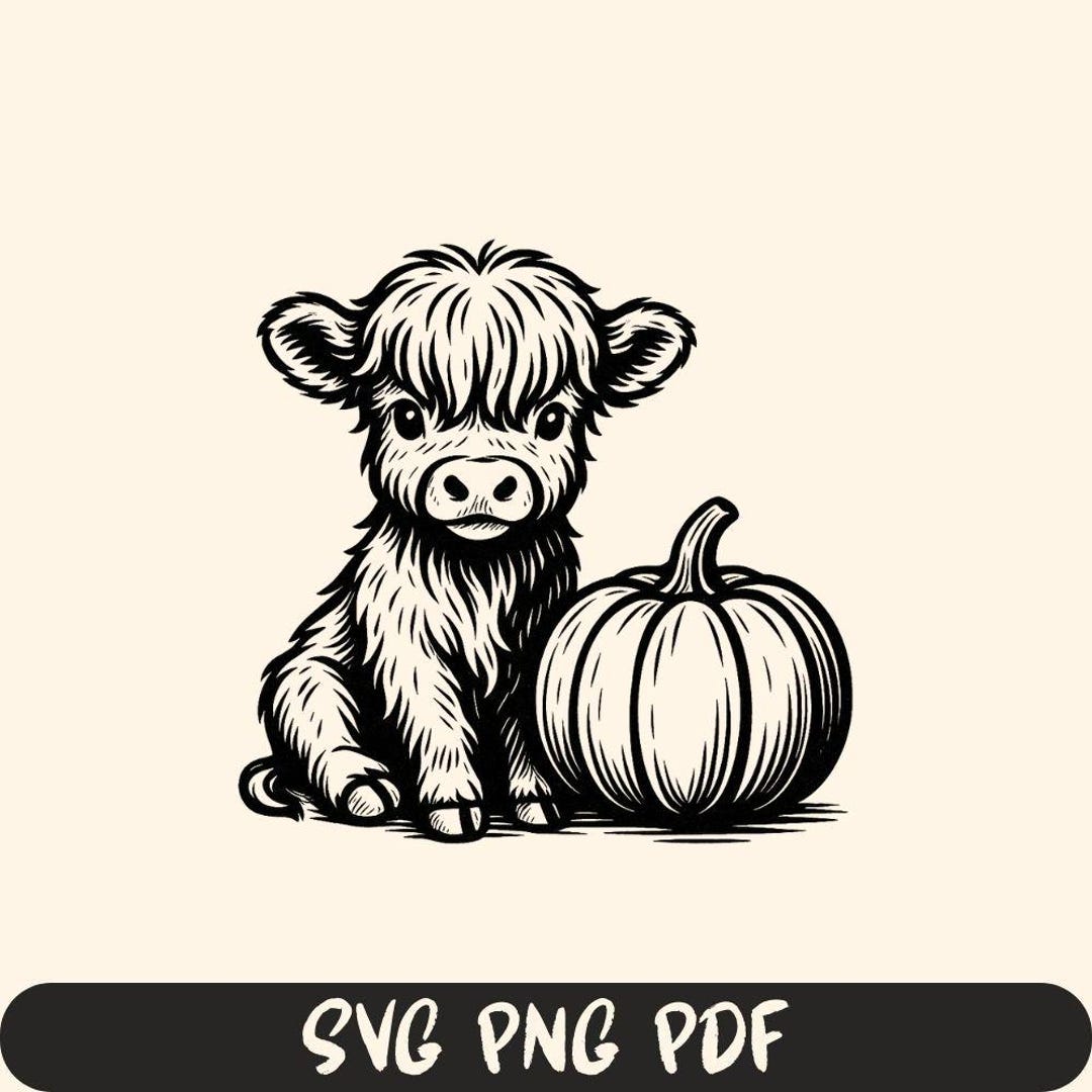 Highland Cow With Pumpkin SVG | Cute Baby Calf Fall Farmhouse Cut File ...
