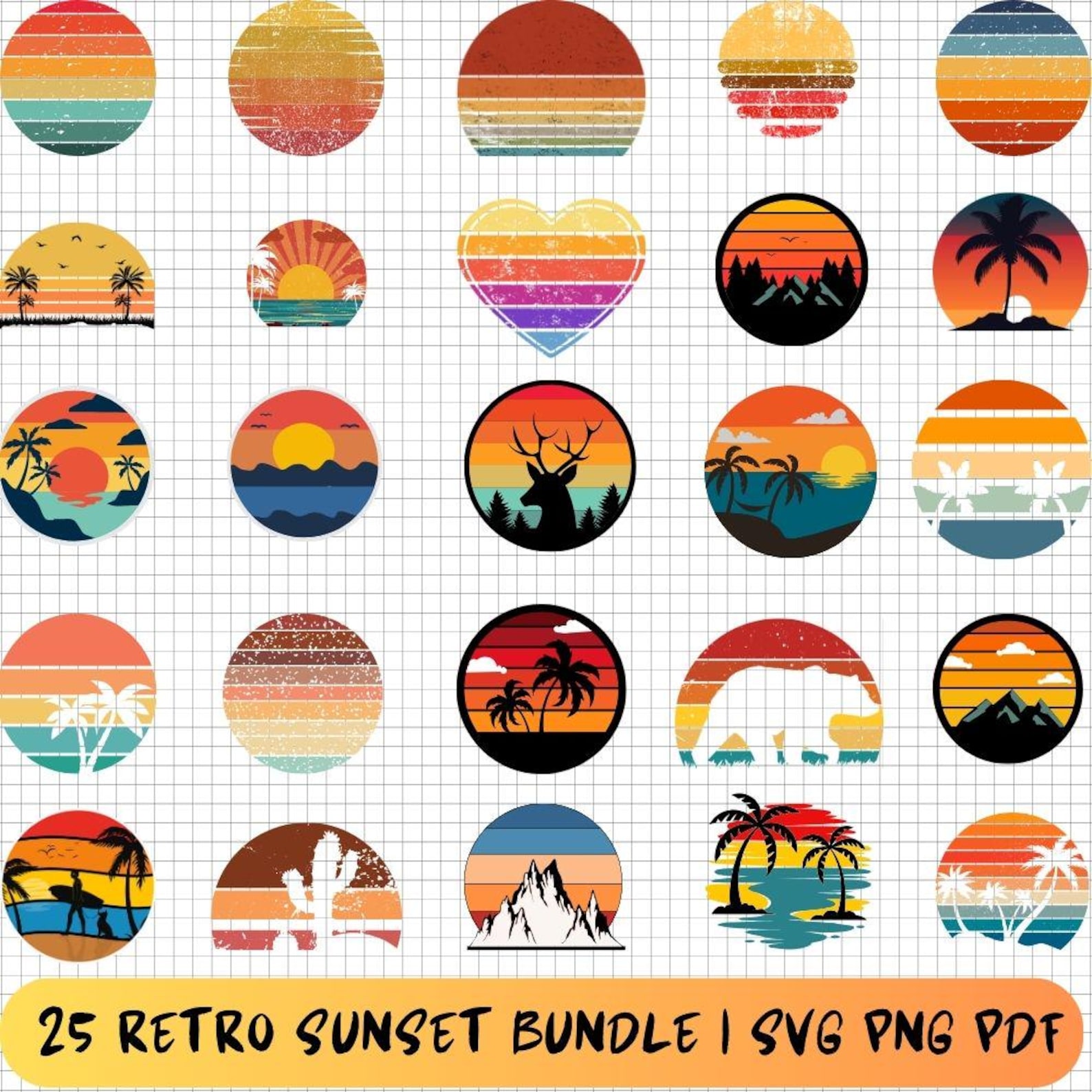 Retro Sunset SVG Bundle, Vintage Sunset SVG, Sunset Clipart, Beach Palm ...