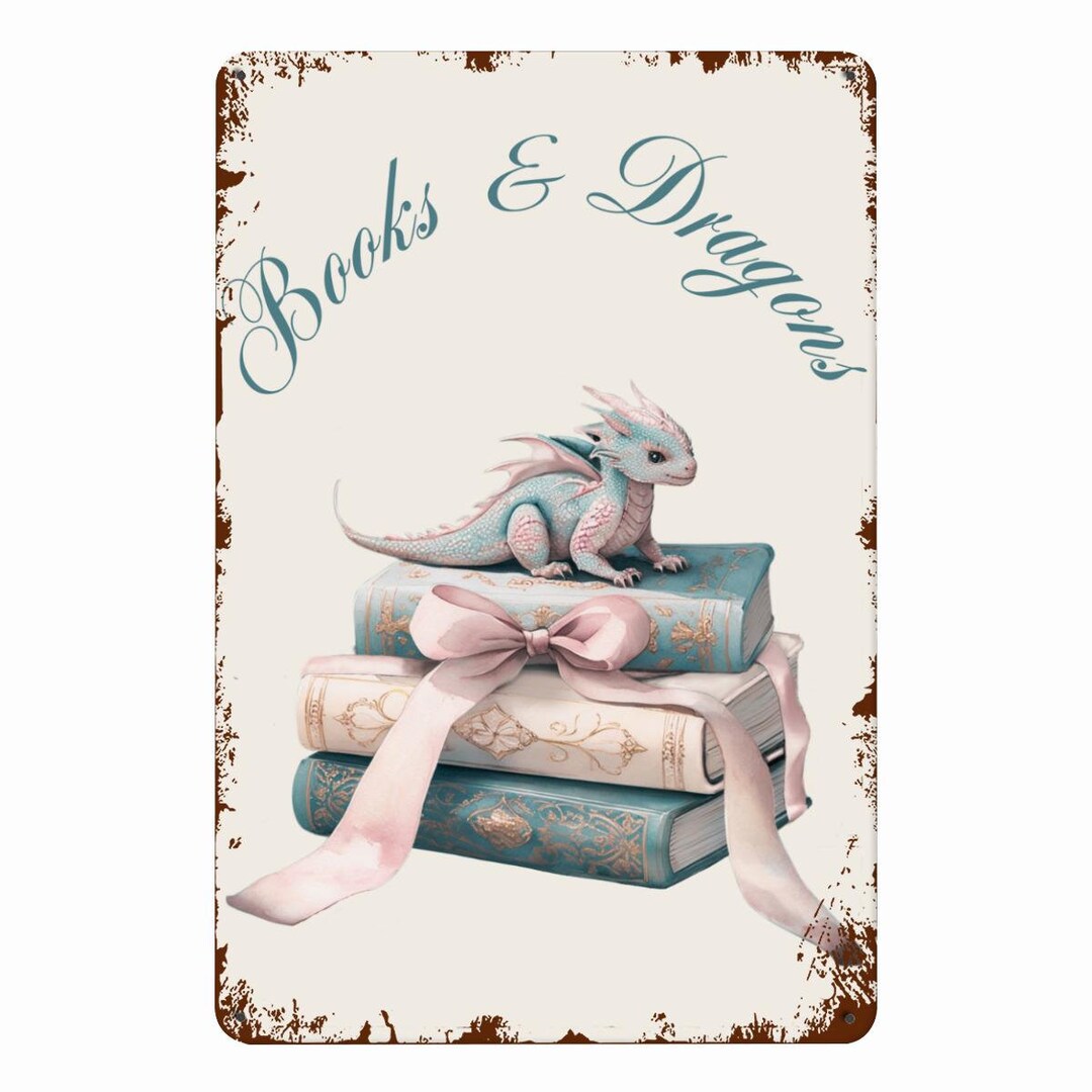 Vintage Dragon and Books Tin Sign Reading Nook Wall Decor, Bookstore ...