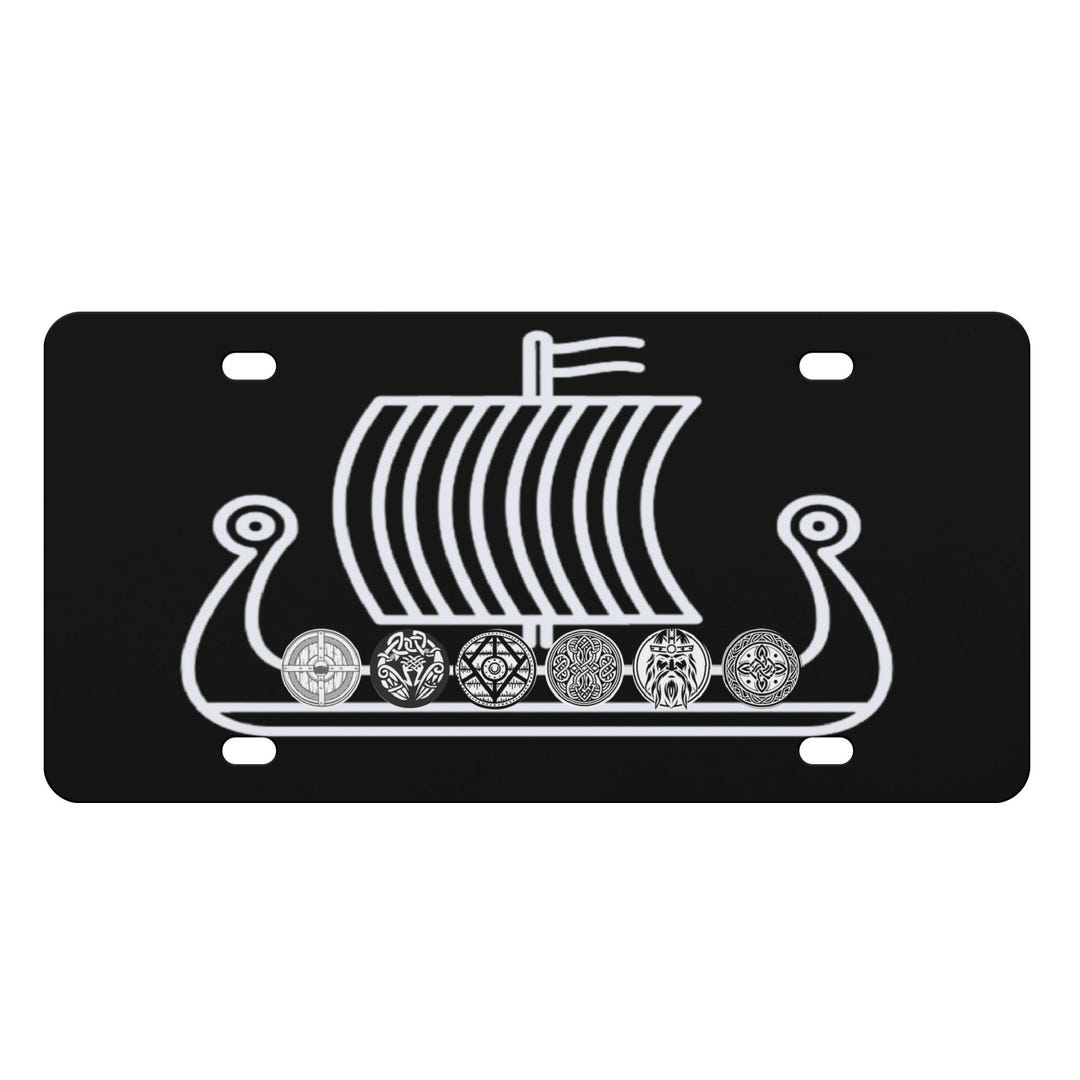 Viking Longship Front License Plate – White Ship & Shields on Black ...
