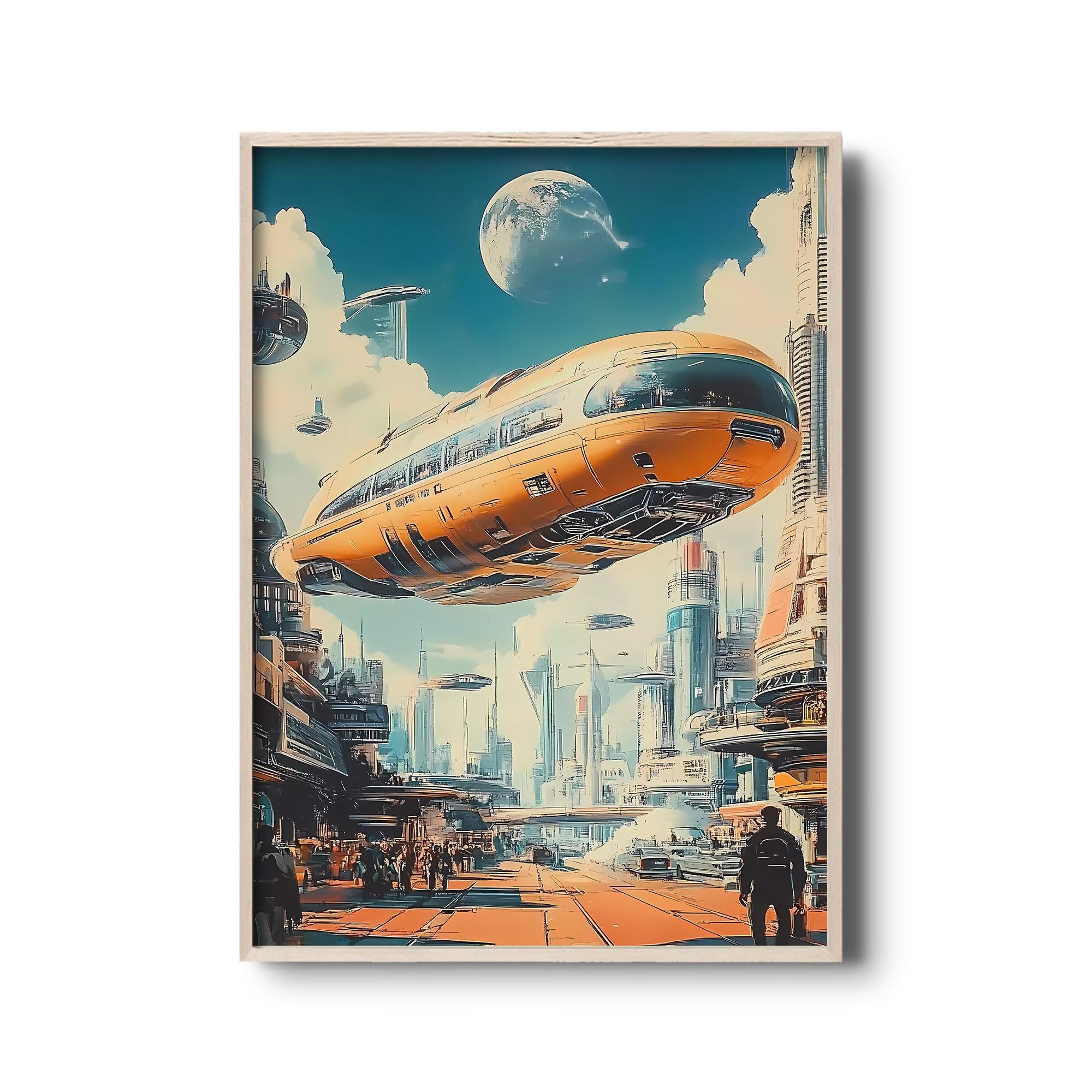 Retro Futuristic Metropolis Print - Sci-fi Art With Hovercraft, Space ...