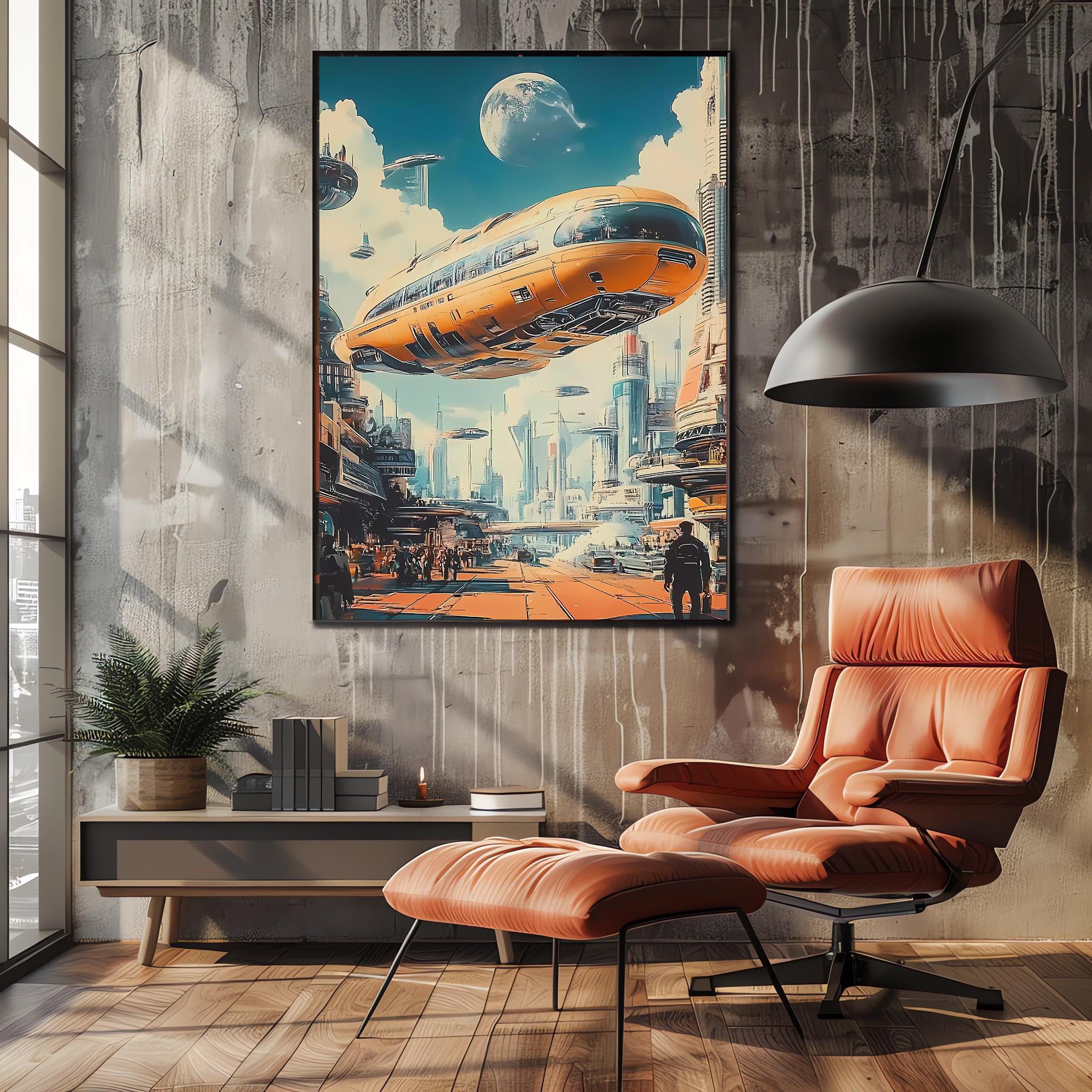 Retro Futuristic Metropolis Print - Sci-fi Art With Hovercraft, Space ...