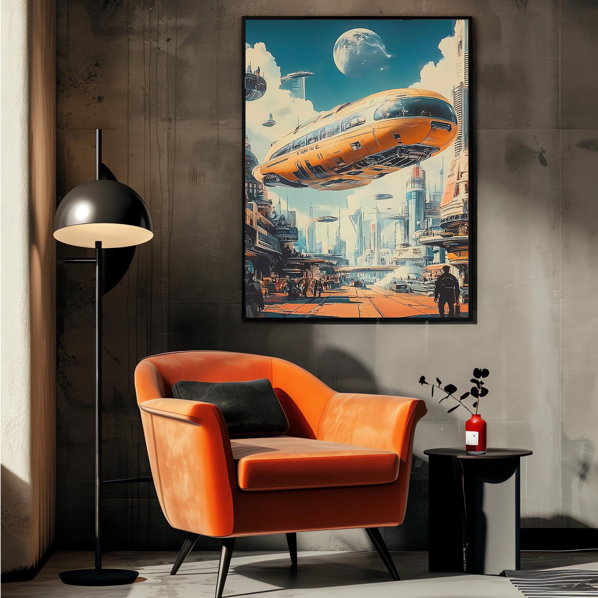 Retro Futuristic Metropolis Print - Sci-fi Art With Hovercraft, Space ...