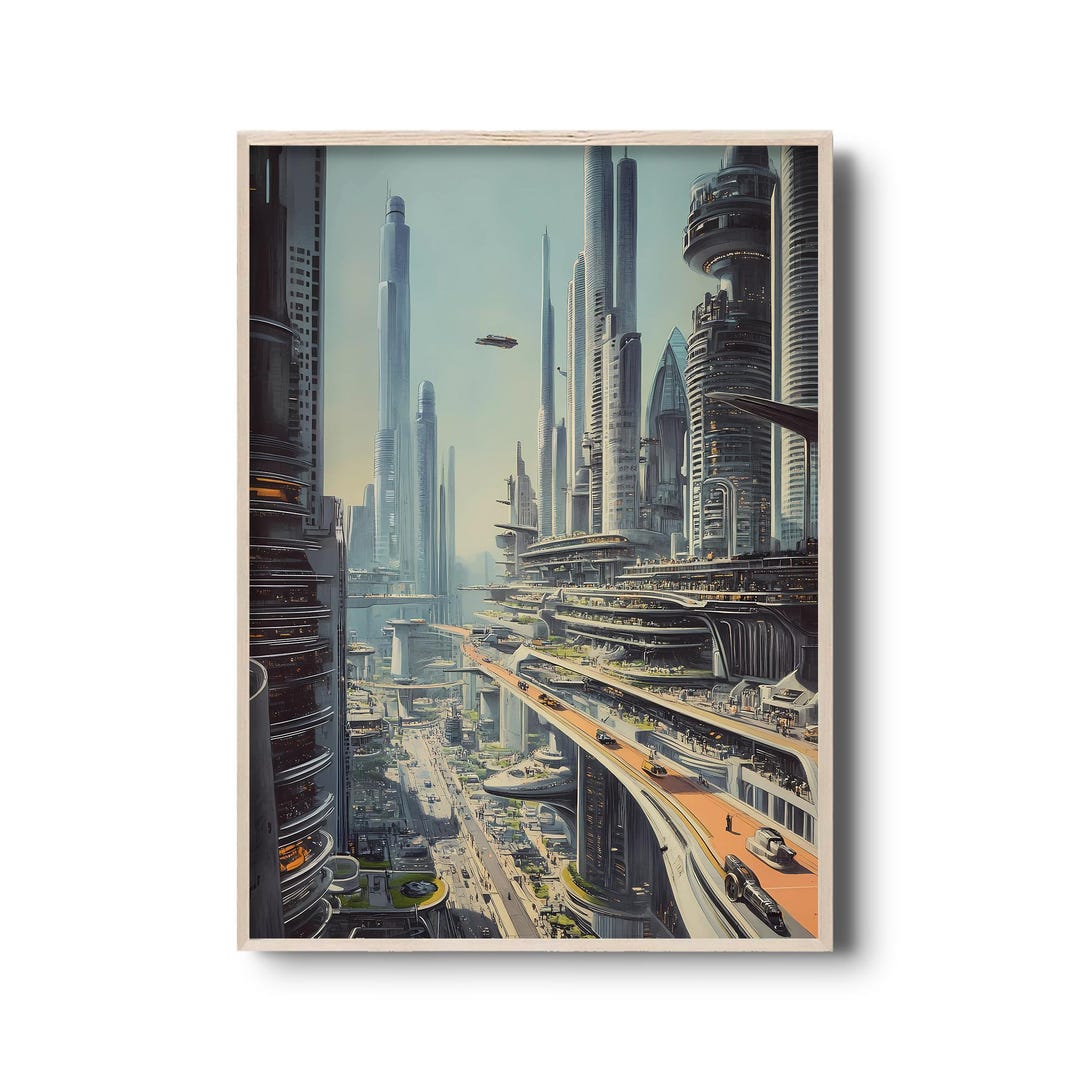 Vintage Futuristic Cityscape Print - Retro Sci-fi Urban Skyline Wall ...