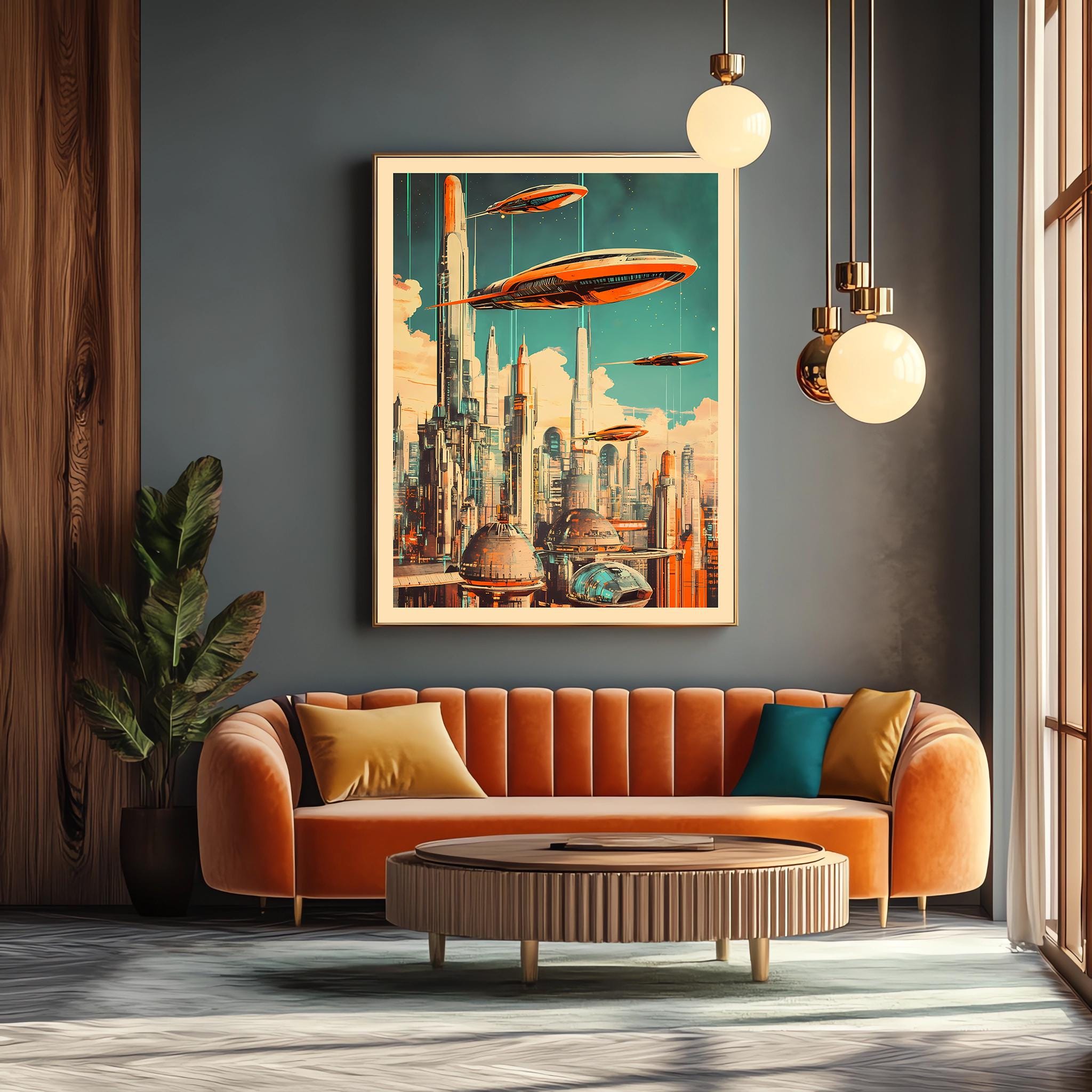 Retro Futurism Wall Art Print - Vintage Sci-fi Cityscape With Floating ...