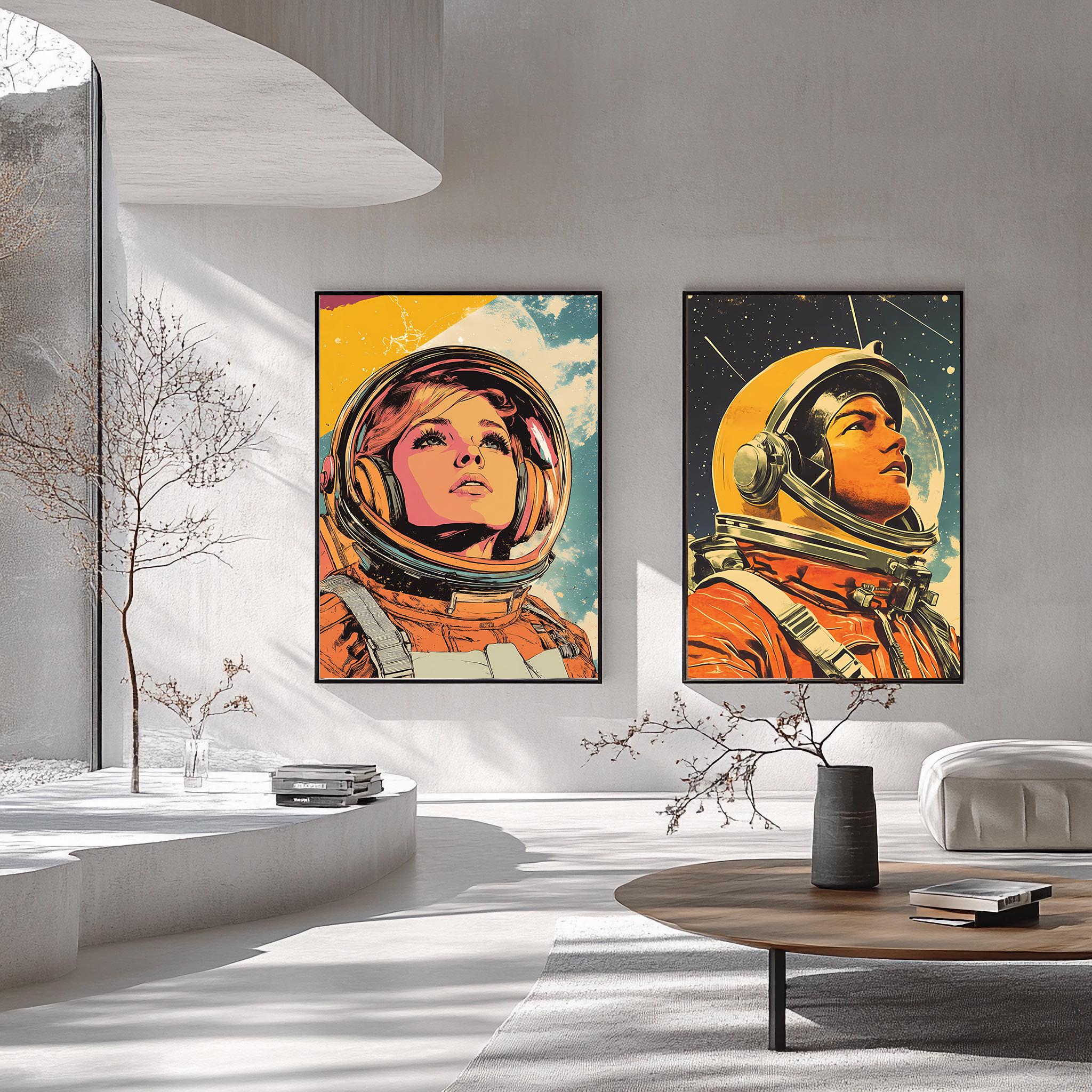 Retro Sci-fi Astronaut Couple Wall Art Set – Vintage Space Lovers ...