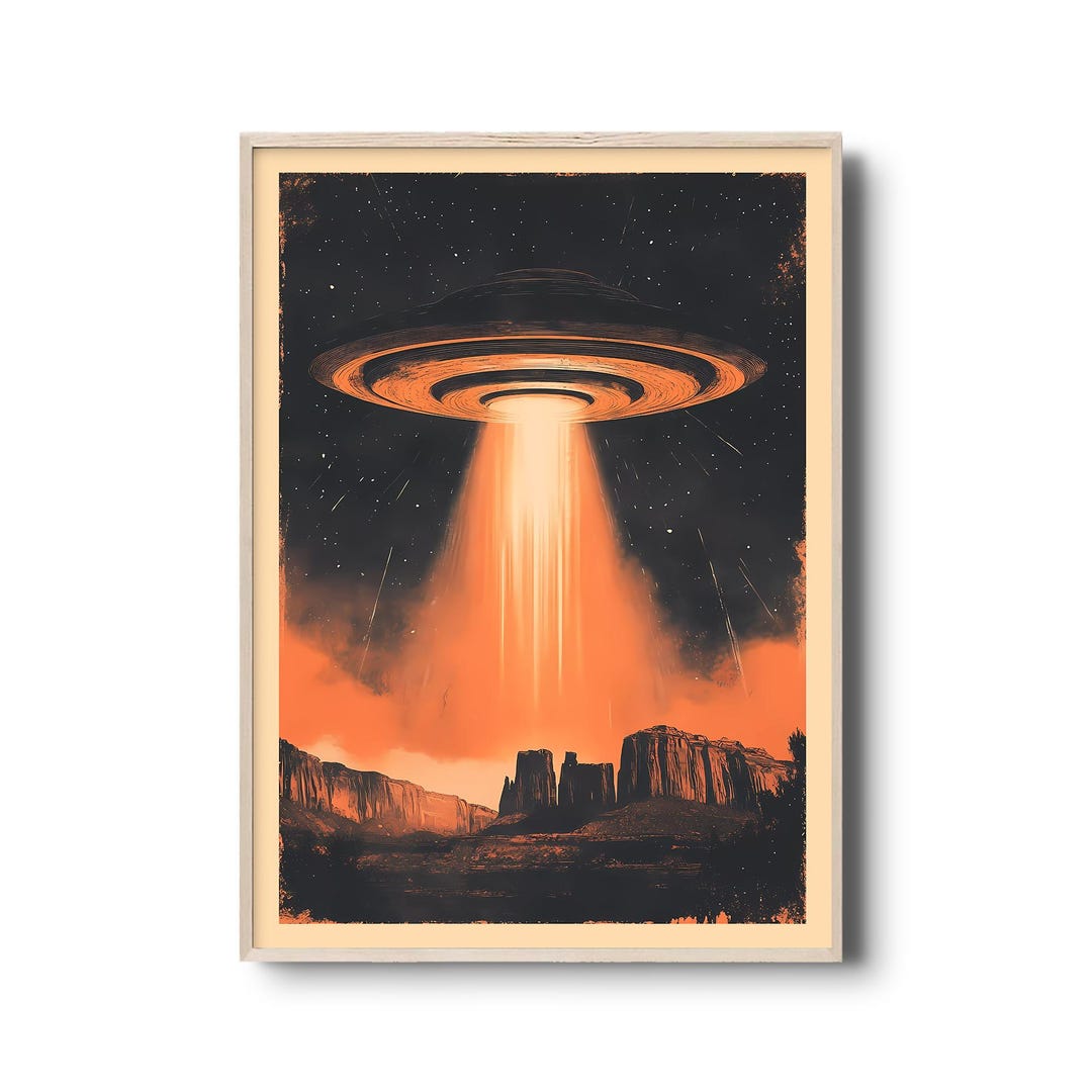 Retro UFO Art Print, Sci-fi Spaceship Hovering Over Desert, Mid-century ...