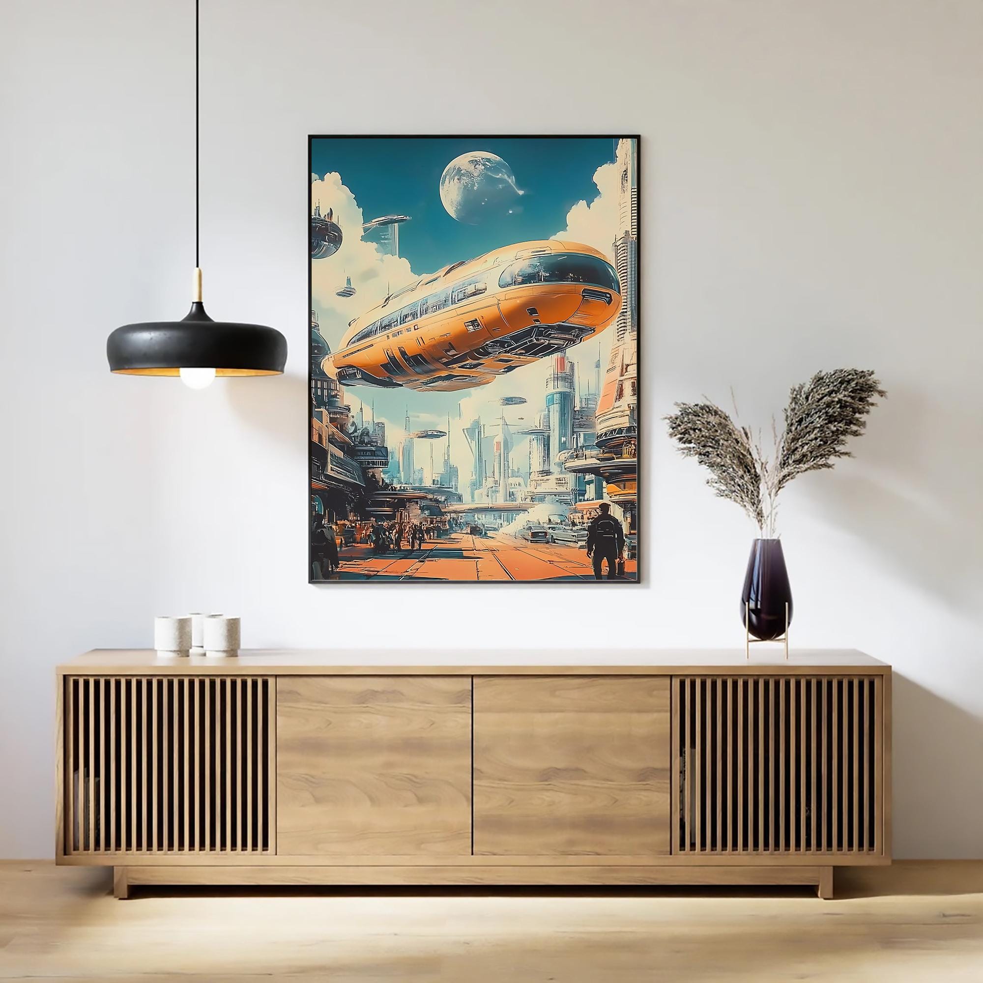 Retro Futuristic Metropolis Print - Sci-fi Art With Hovercraft, Space ...