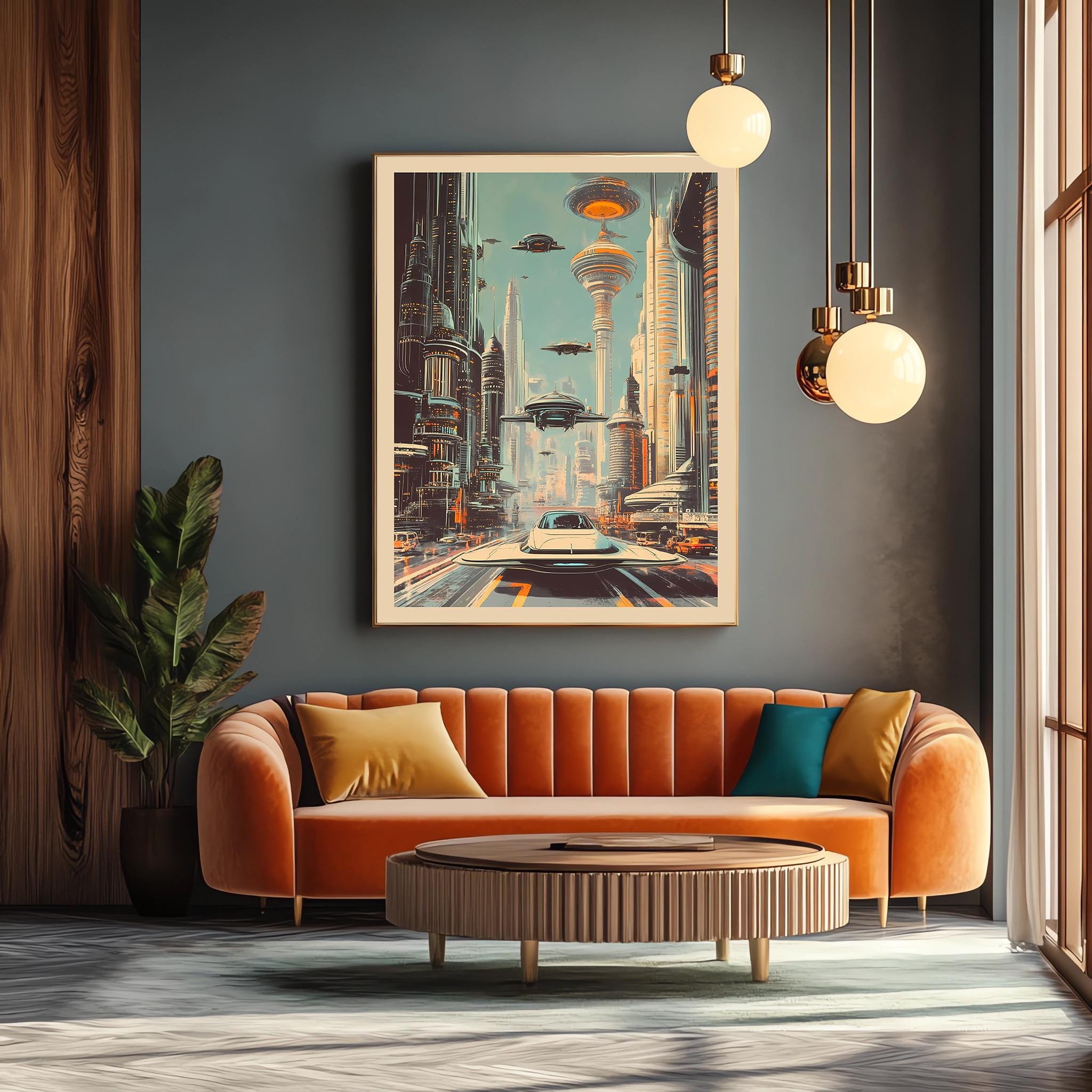 Retro Futuristic Cityscape Art Print, Vintage Sci-fi Urban Scene With ...