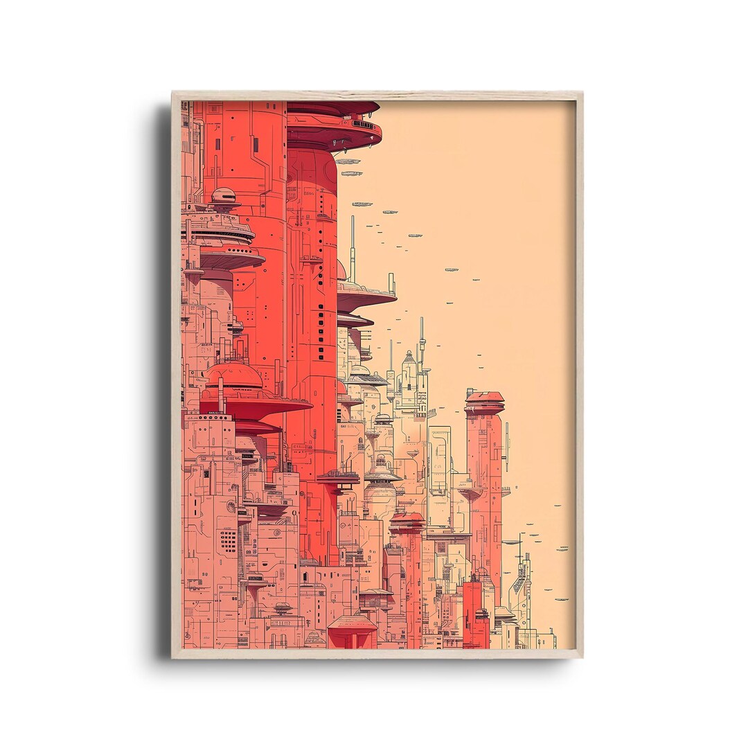 Retro Futuristic Cityscape Art Minimalist Sci-fi Architecture Print Mid-century Modern Inspired ...